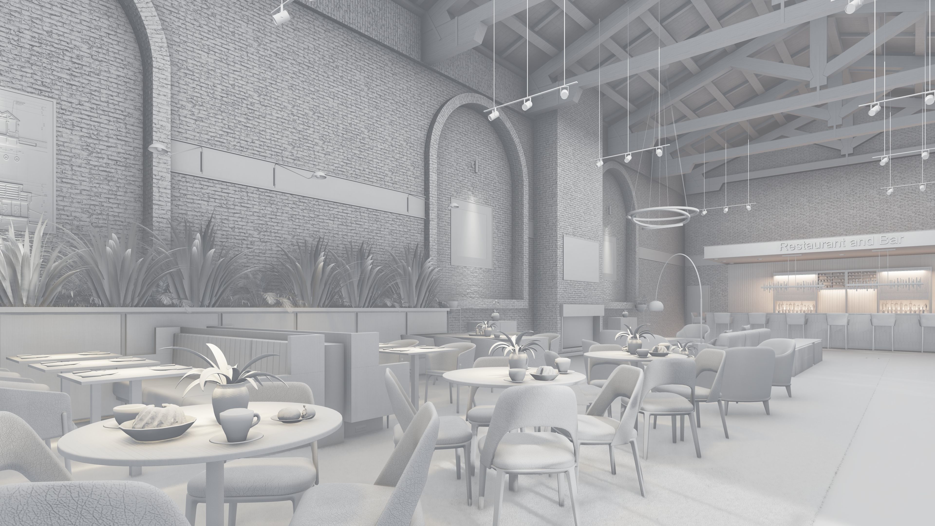 Industrial Restaurant and Bar Interior - 2D drawing A1 size 3D model ...