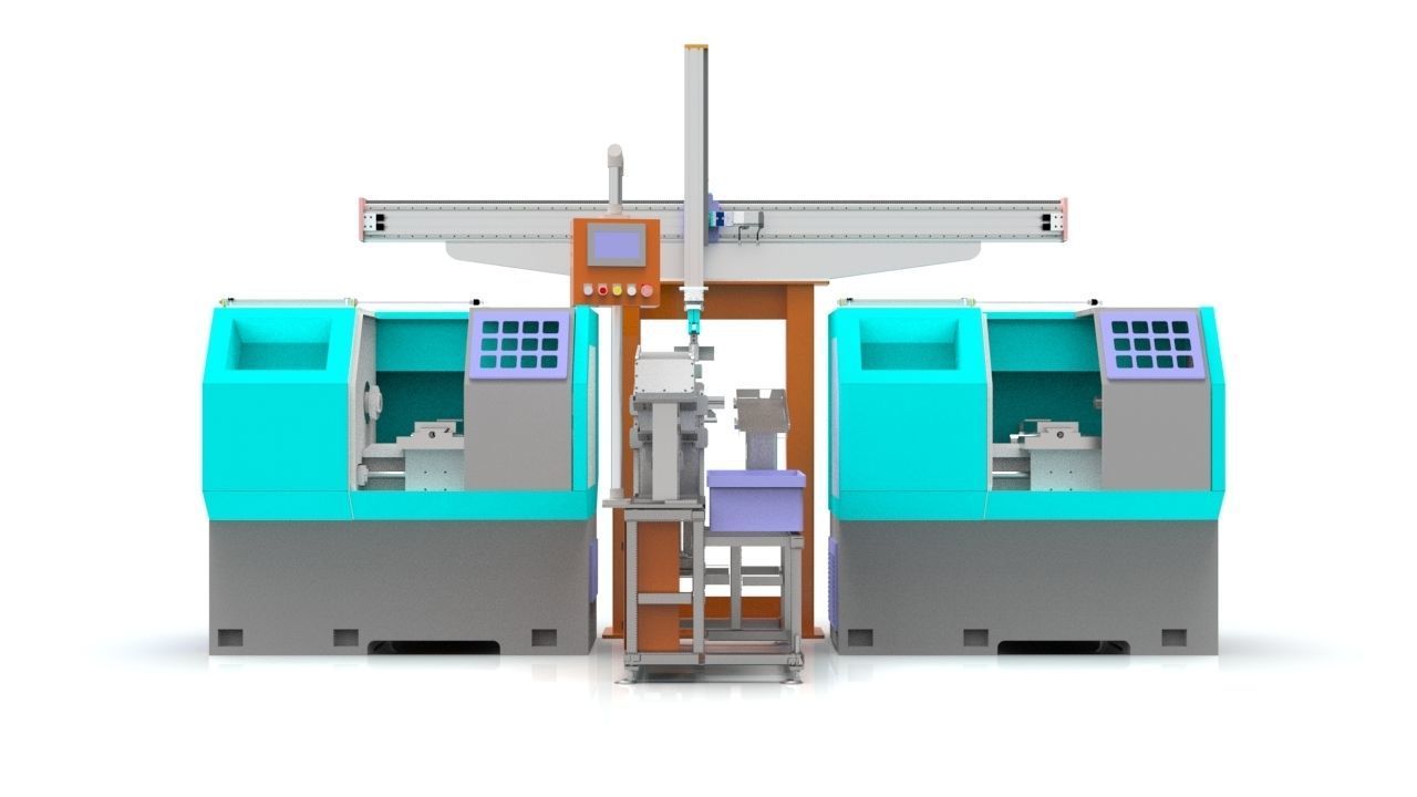 Automated CNC Lathe System with Robotic Arm 3D Design 3D model | CGTrader