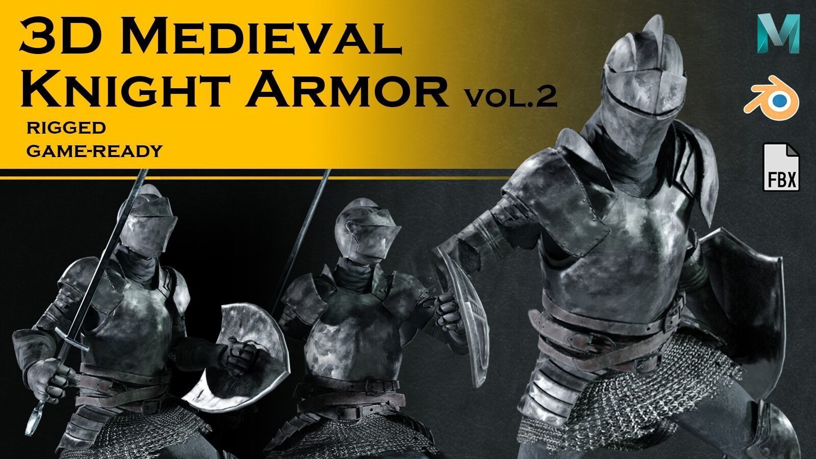 3D model game-ready rigged realistic medieval knight vol2 VR / AR / low ...