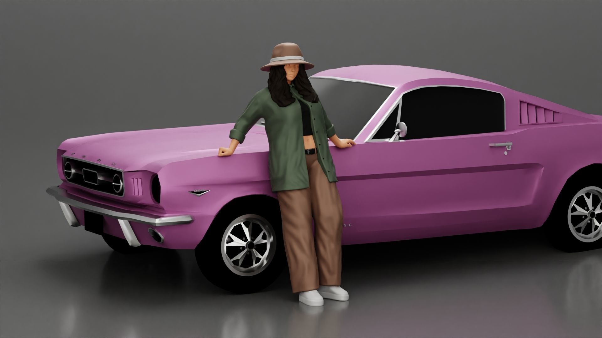 Lowrider chola girl leaning against car wearing a hat long shirt 3D ...