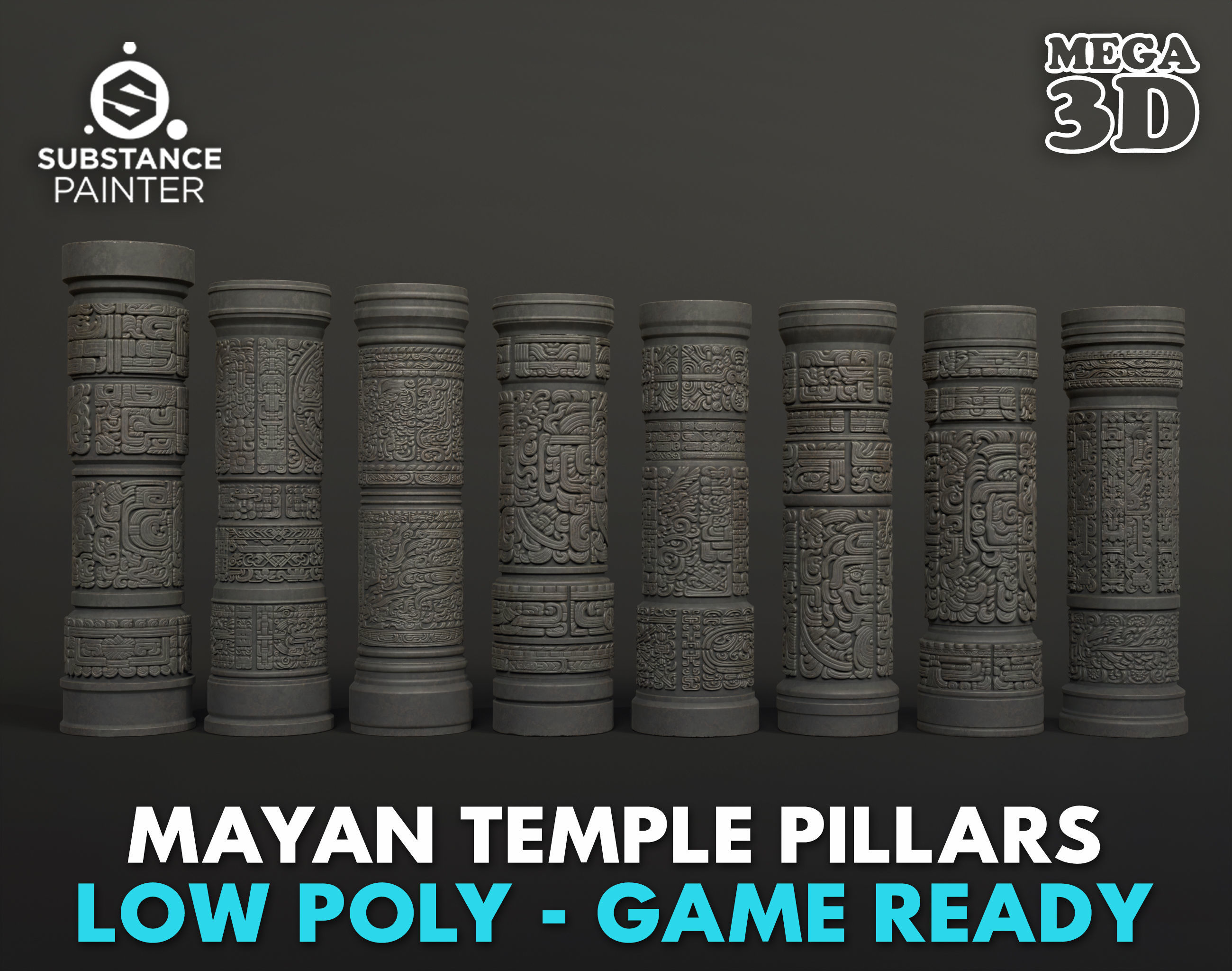 3D model Low poly Black Mayan Temple Pillars 230812 VR / AR / low-poly ...
