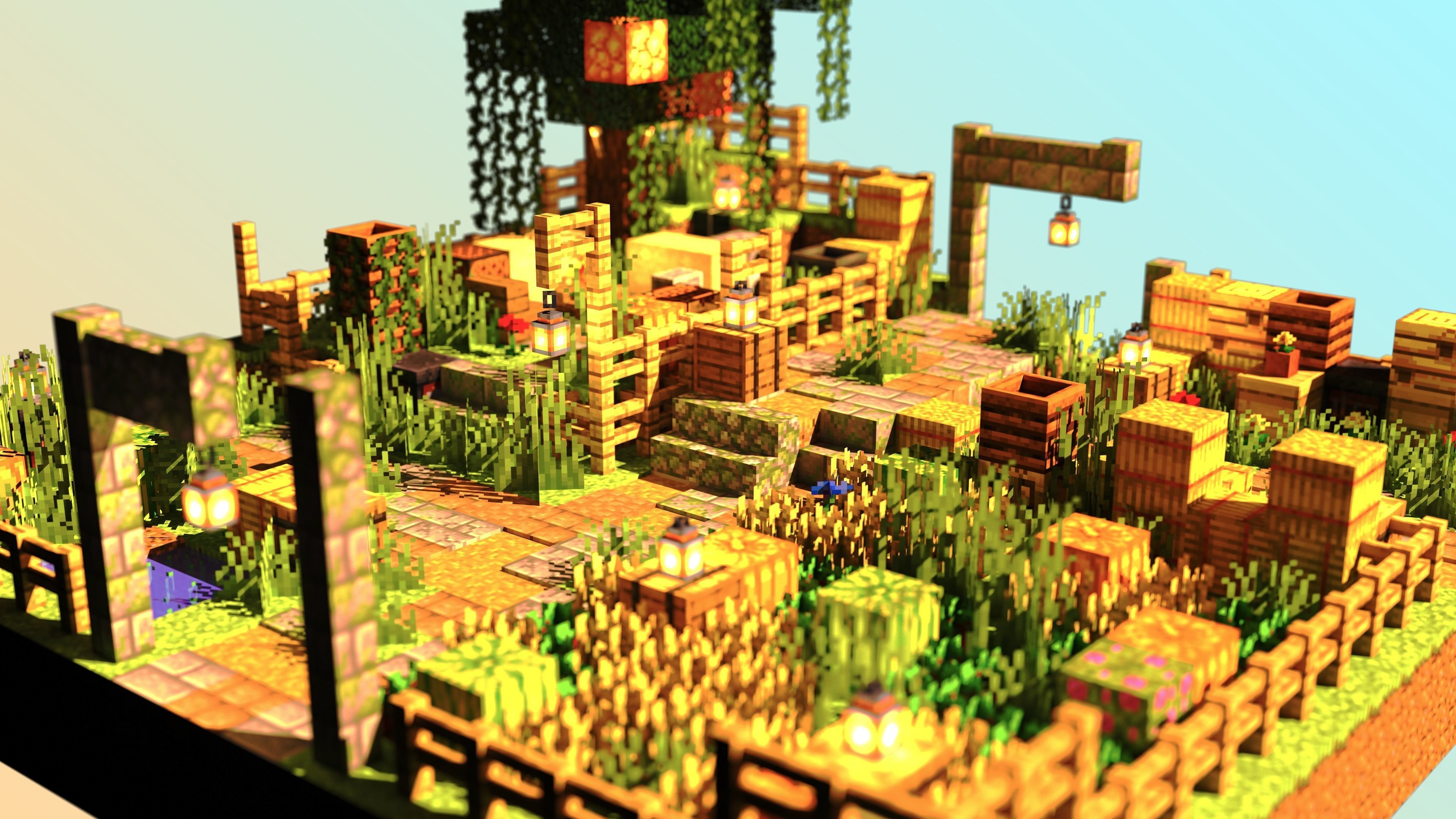 3D model Magical Minecraft Crossroads with campfire and shelter VR / AR ...