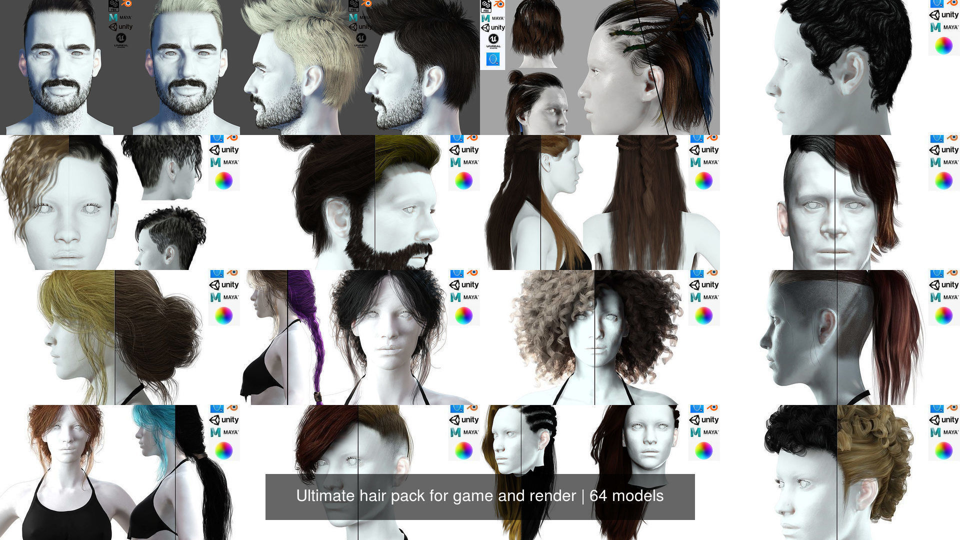 3D Model Collection Ultimate hair pack for game and render VR / AR ...