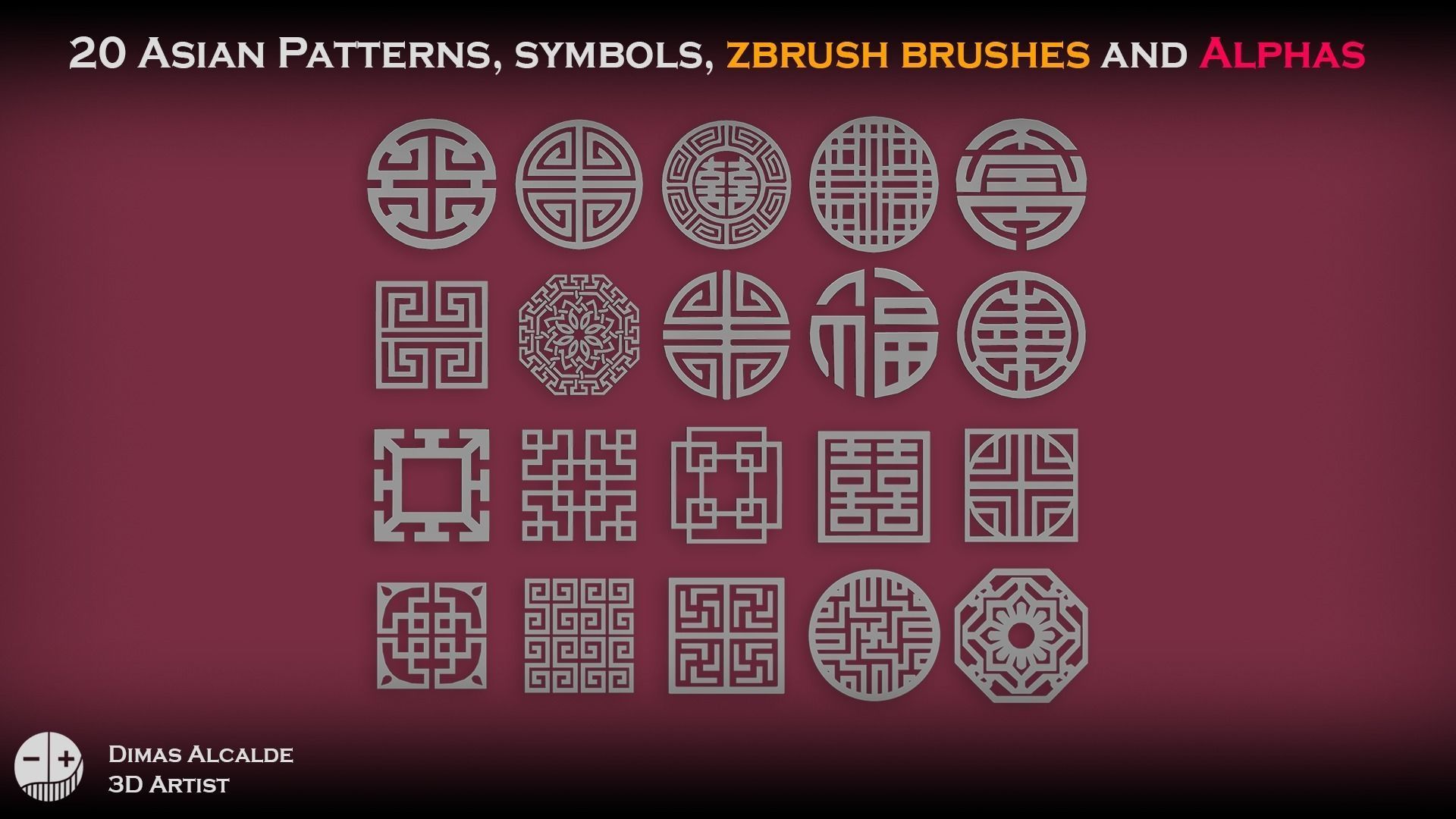 3D model 20 Asian Patterns symbols ZBRUSH IMM and Alphas Blender VR ...