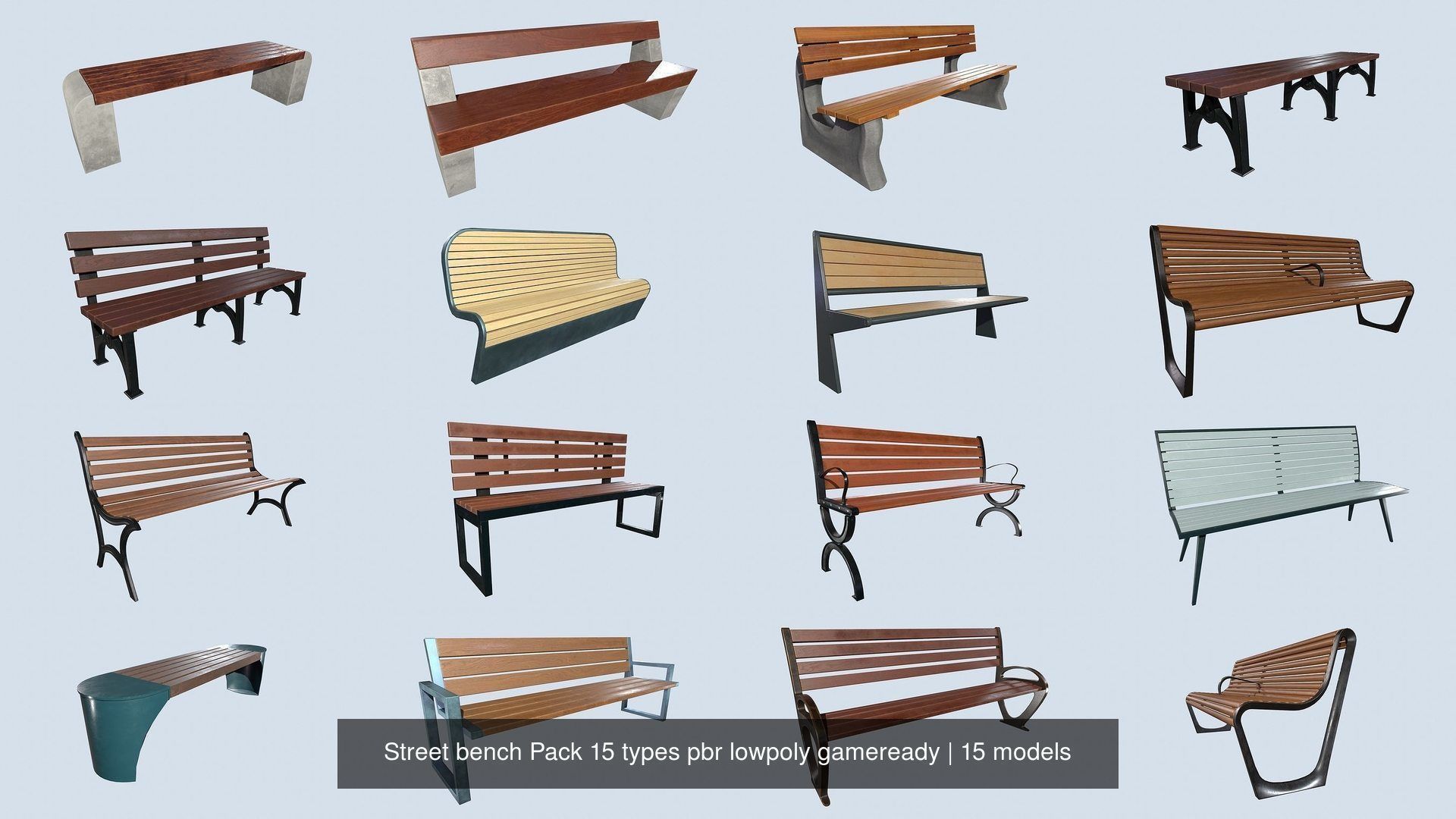 3D Model Collection Street bench Pack 15 types pbr lowpoly gameready VR ...