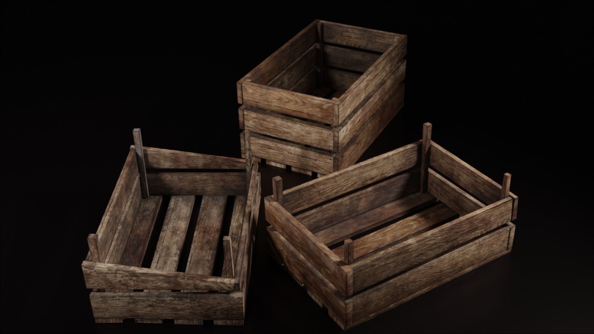 3D model Set of three 3 wooden storage boxes Crate Low-poly VR / AR ...