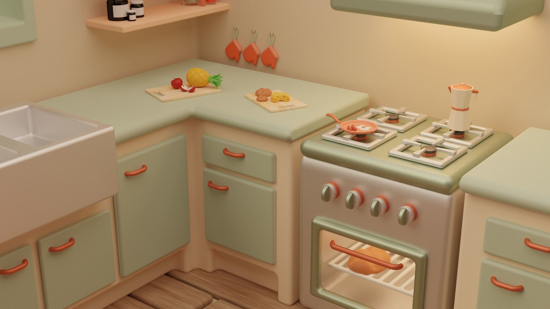 3D model Isometric 3d Stylized Cartoon Kitchen VR / AR / low-poly ...