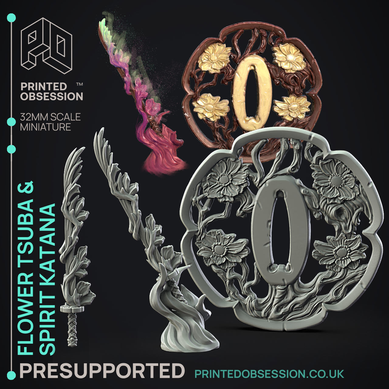 Flower Tsuba and Katana - 3D Printable TTRPG -PRESUPPORTED- 32mm 3D ...