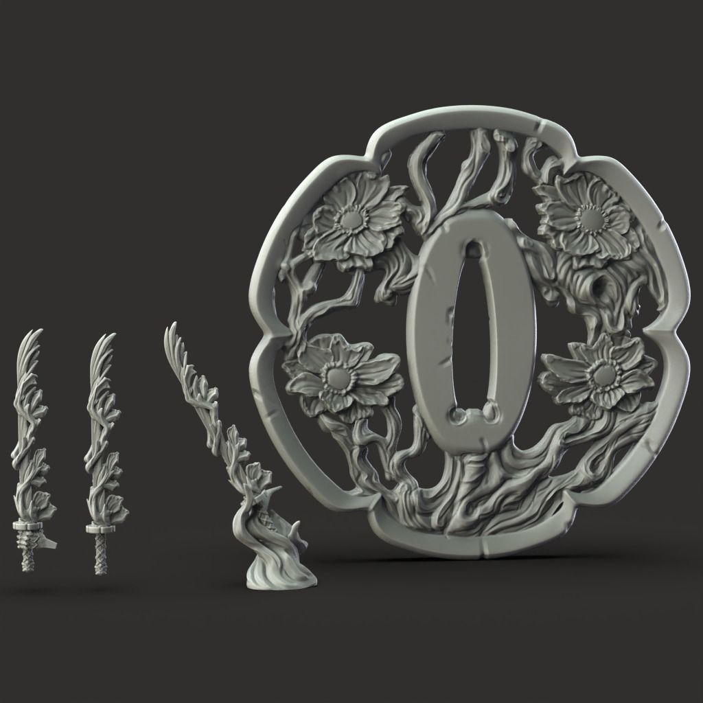 Flower Tsuba and Katana - 3D Printable TTRPG -PRESUPPORTED- 32mm 3D ...
