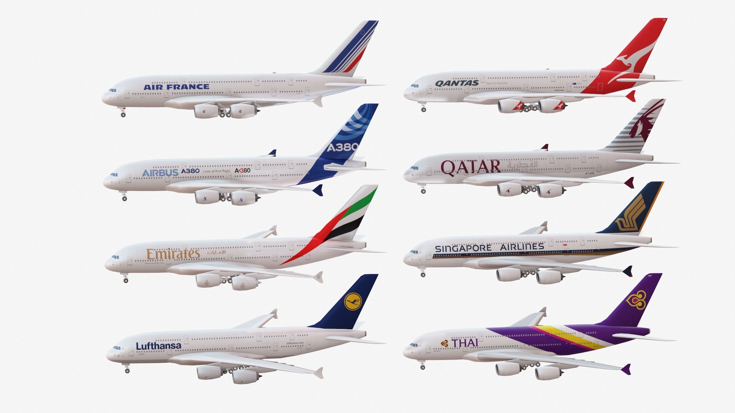 3D model Bundle Airbus A380 pack 8 Airplanes VR / AR / low-poly | CGTrader