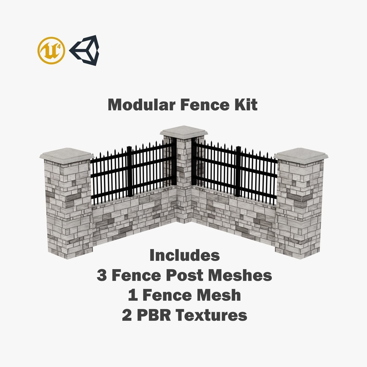 3D model Modular Fence Kit - Faux Stone and Metal Fence VR / AR / low ...