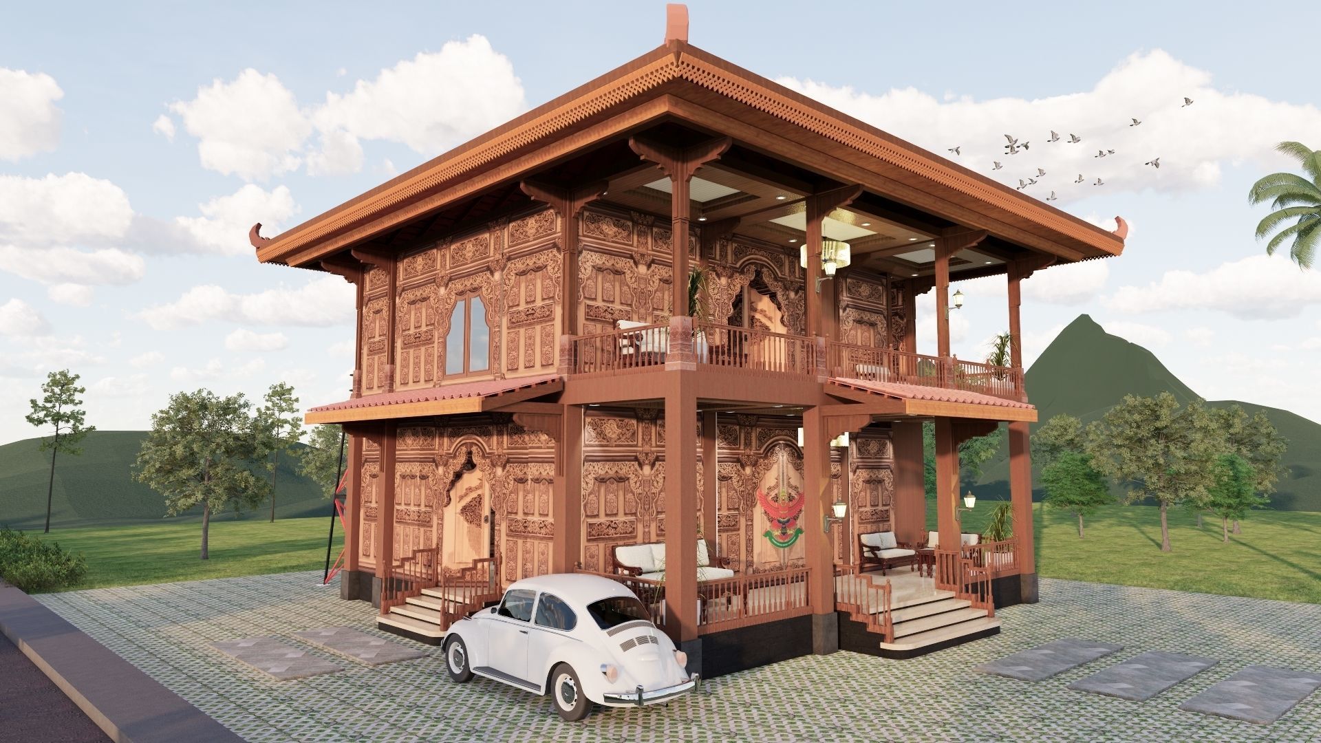 Luxury Wooden Traditional Carving Joglo House Design 2 Floor 3D model ...