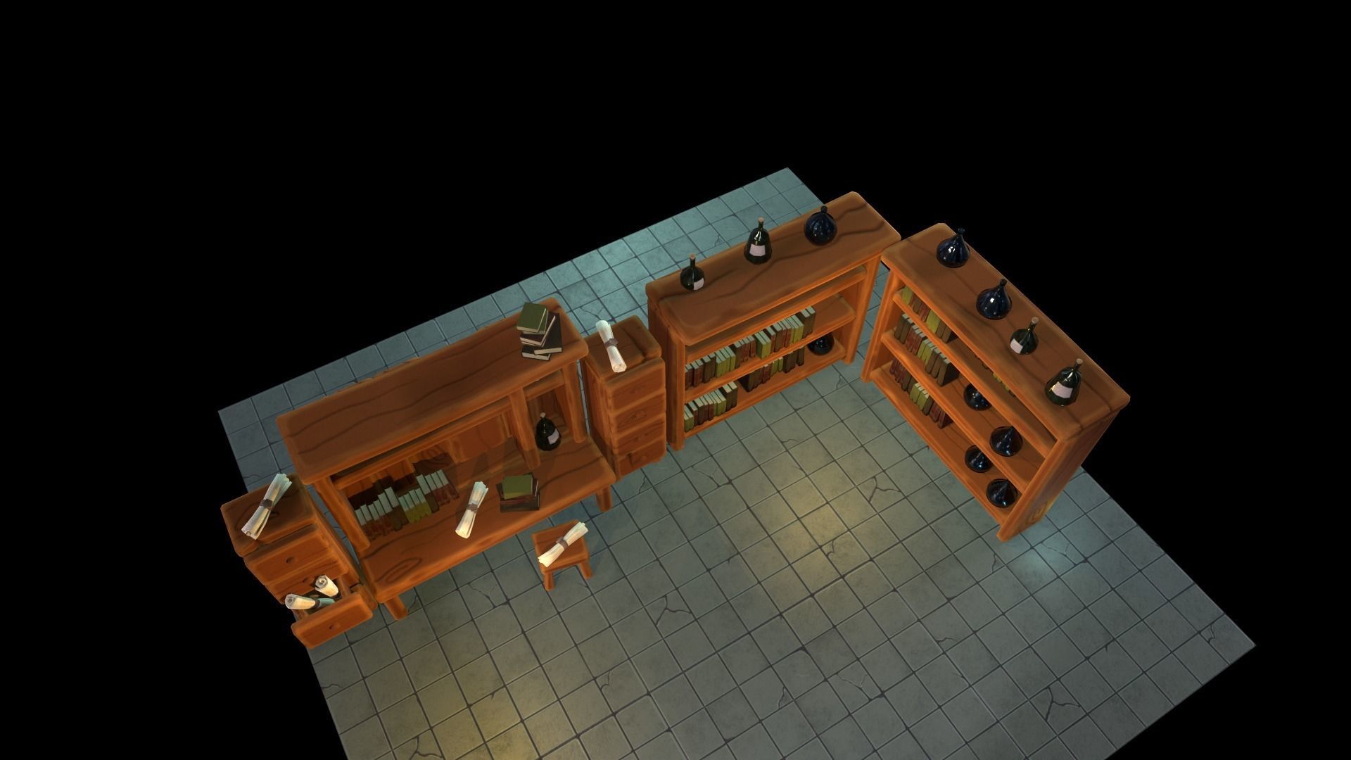 3D model Stylized library game-ready fantasy medieval furniture and ...