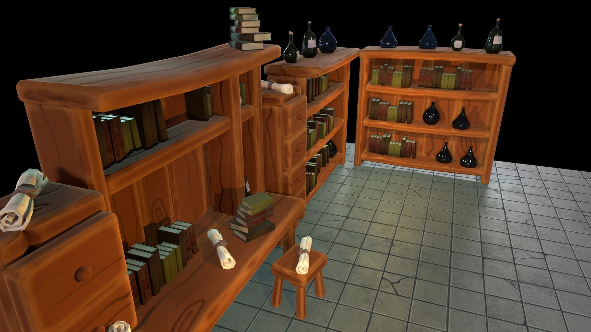 3D model Stylized library game-ready fantasy medieval furniture and ...
