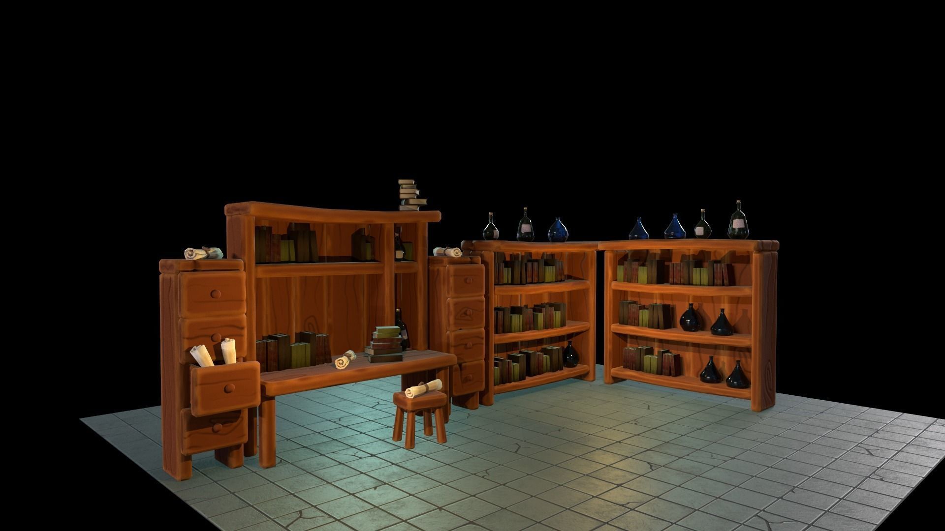 3D model Stylized library game-ready fantasy medieval furniture and ...