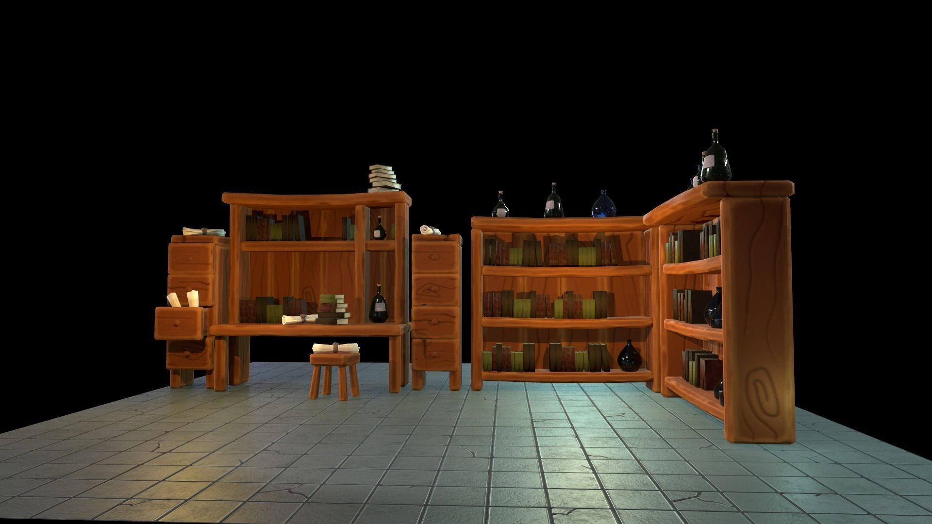 3D model Stylized library game-ready fantasy medieval furniture and ...