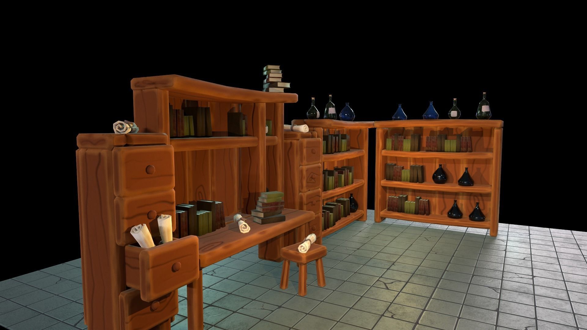 3D model Stylized library game-ready fantasy medieval furniture and ...