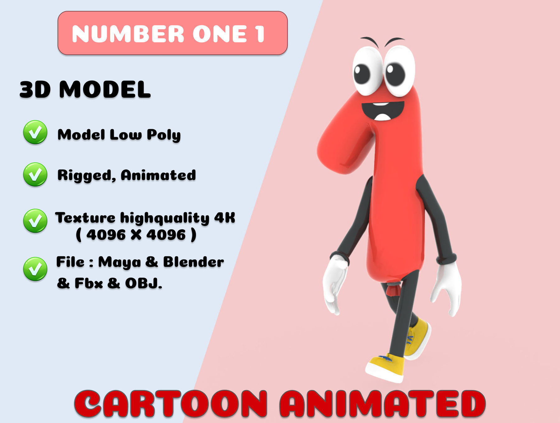 3D model Number One 1 Cartoon Animated VR / AR / low-poly rigged ...