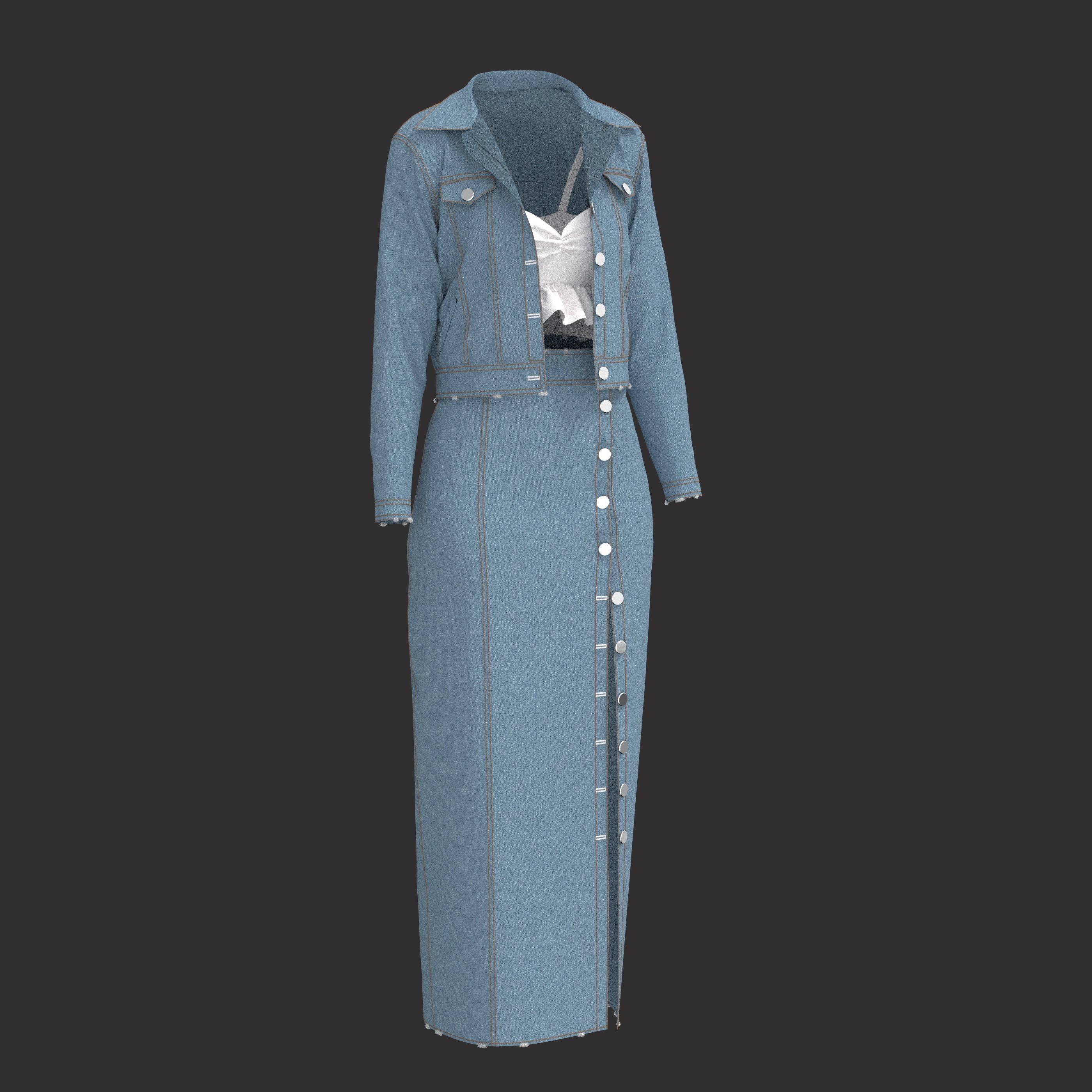 Women Long Denim Dress - CLO3D Project File 3D model | CGTrader