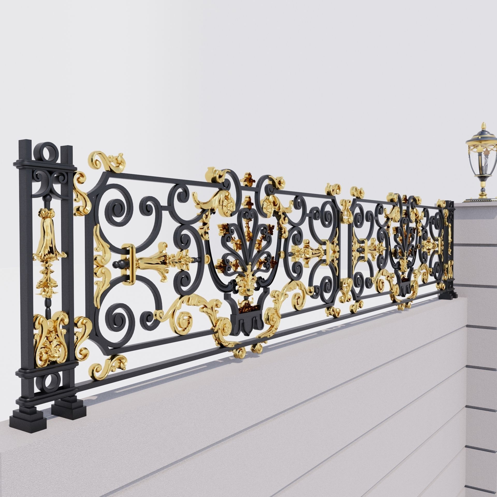 Classic Mansion Style Gate with fence and Wall lamps 3D model | CGTrader