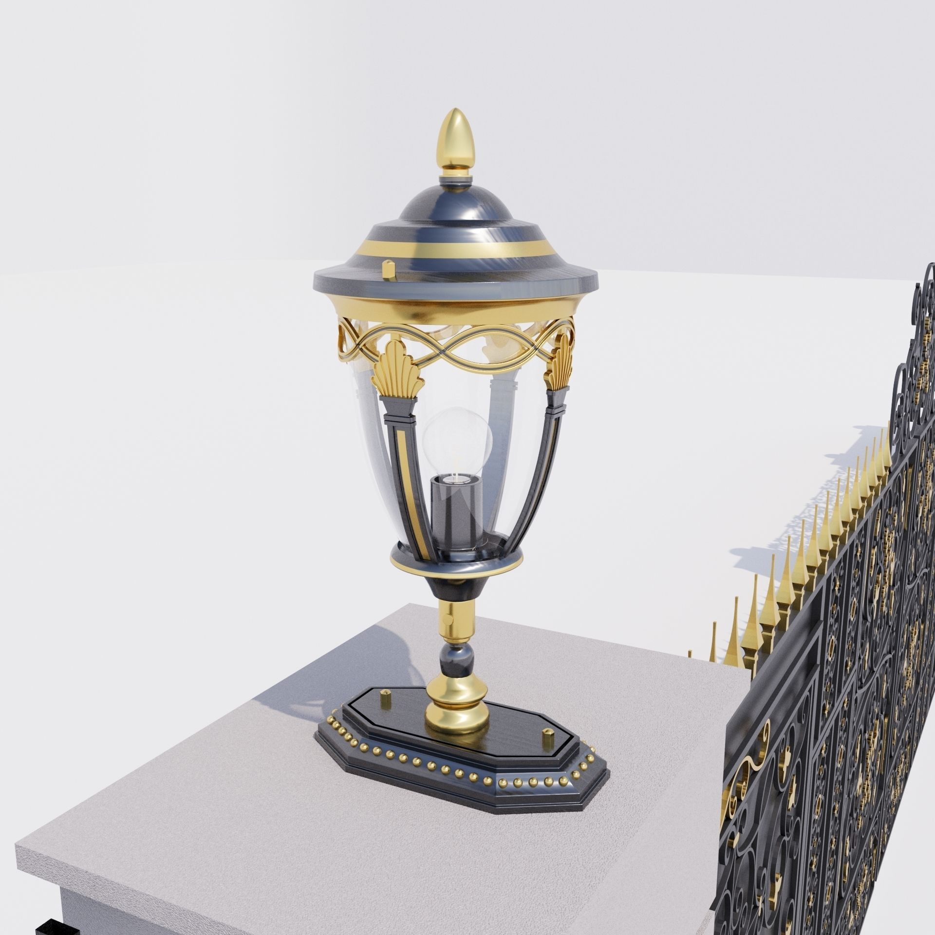 Classic Mansion Style Gate with fence and Wall lamps 3D model | CGTrader