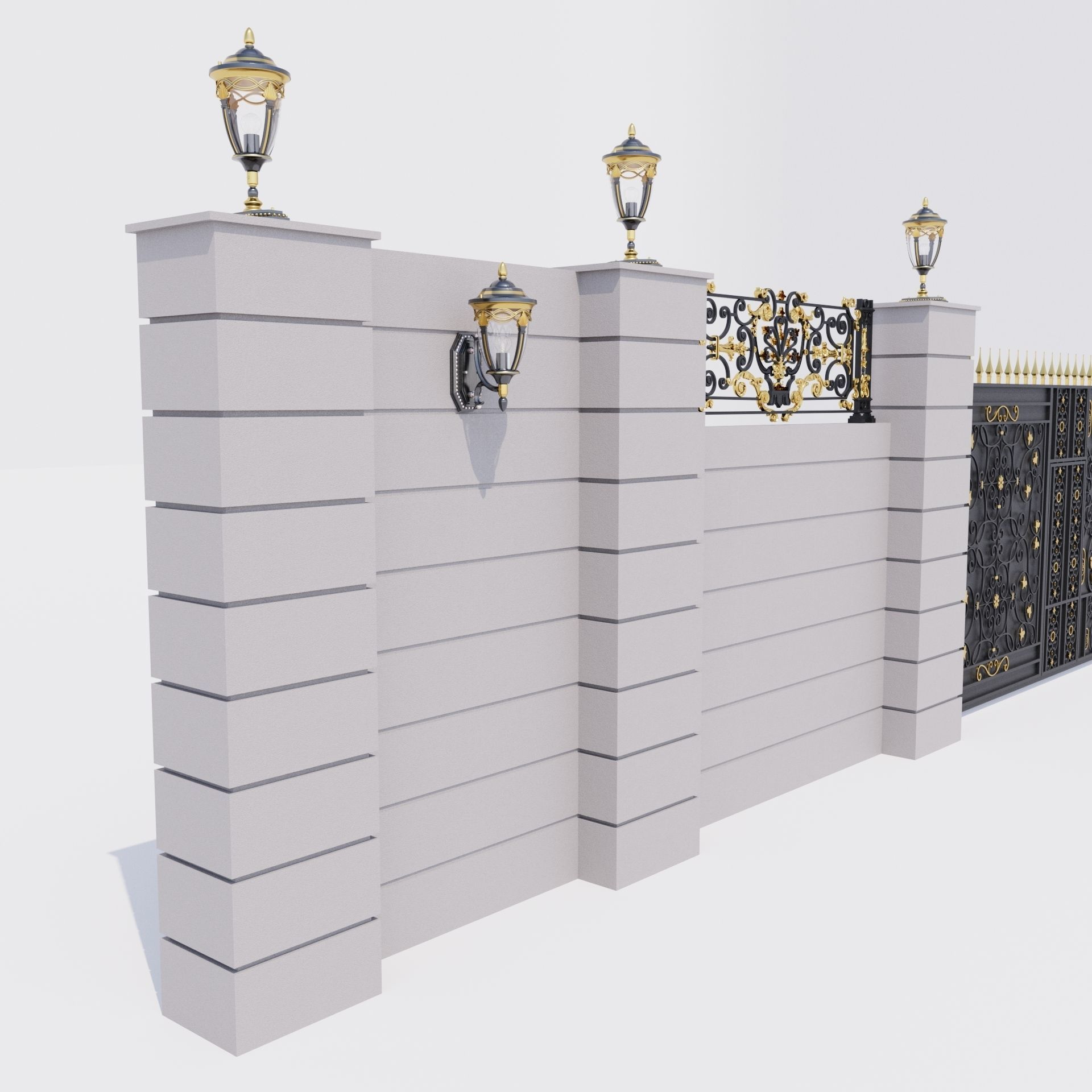 Classic Mansion Style Gate with fence and Wall lamps 3D model | CGTrader