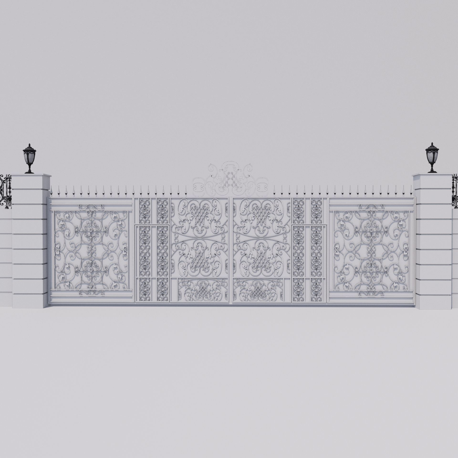 Classic Mansion Style Gate with fence and Wall lamps 3D model | CGTrader