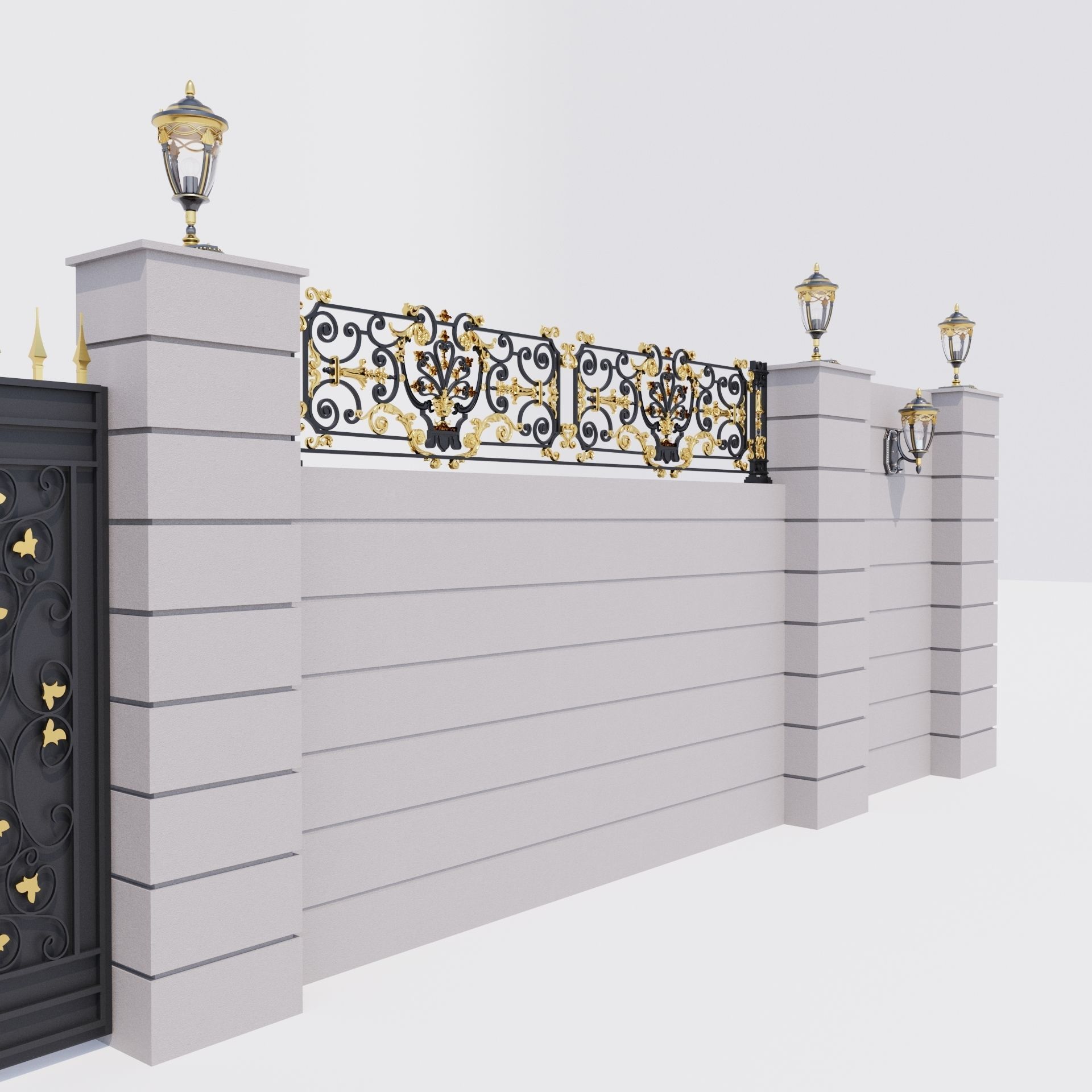 Classic Mansion Style Gate with fence and Wall lamps 3D model | CGTrader