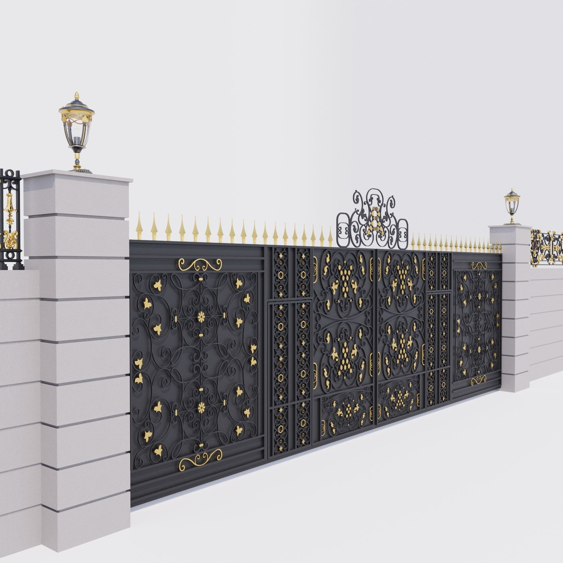 Classic Mansion Style Gate with fence and Wall lamps 3D model | CGTrader