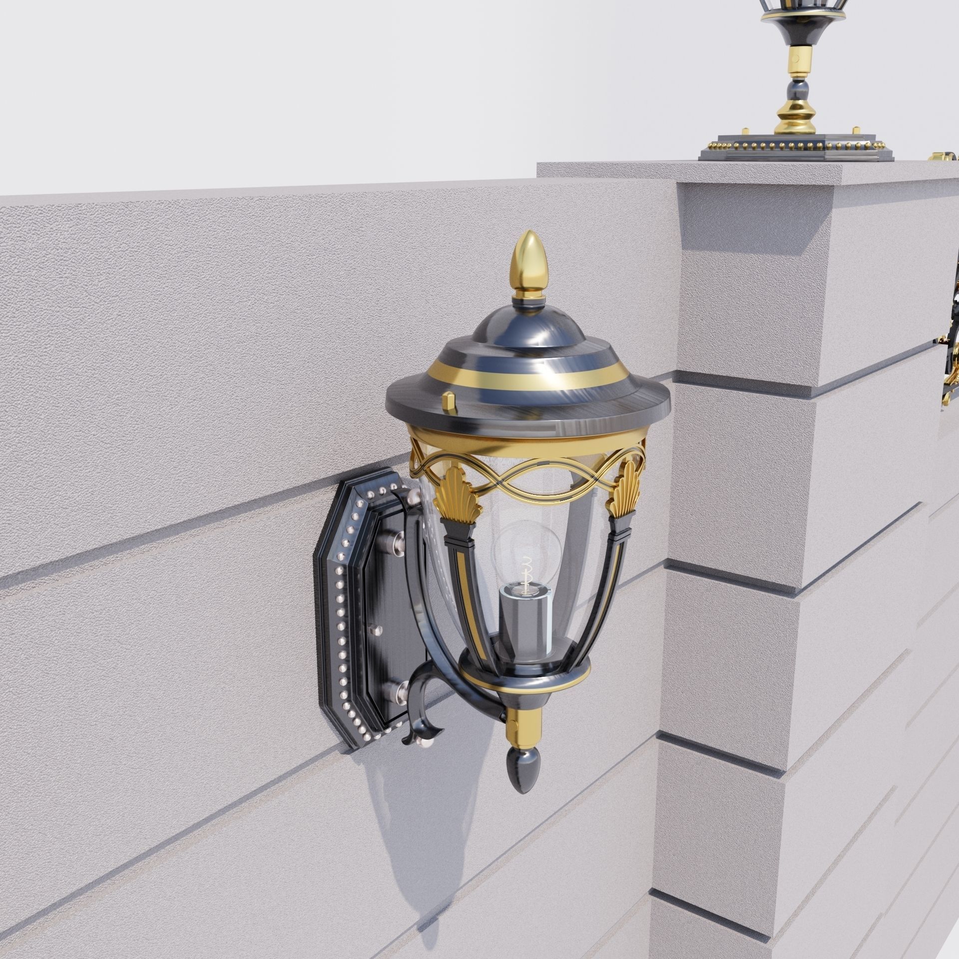 Classic Mansion Style Gate with fence and Wall lamps 3D model | CGTrader