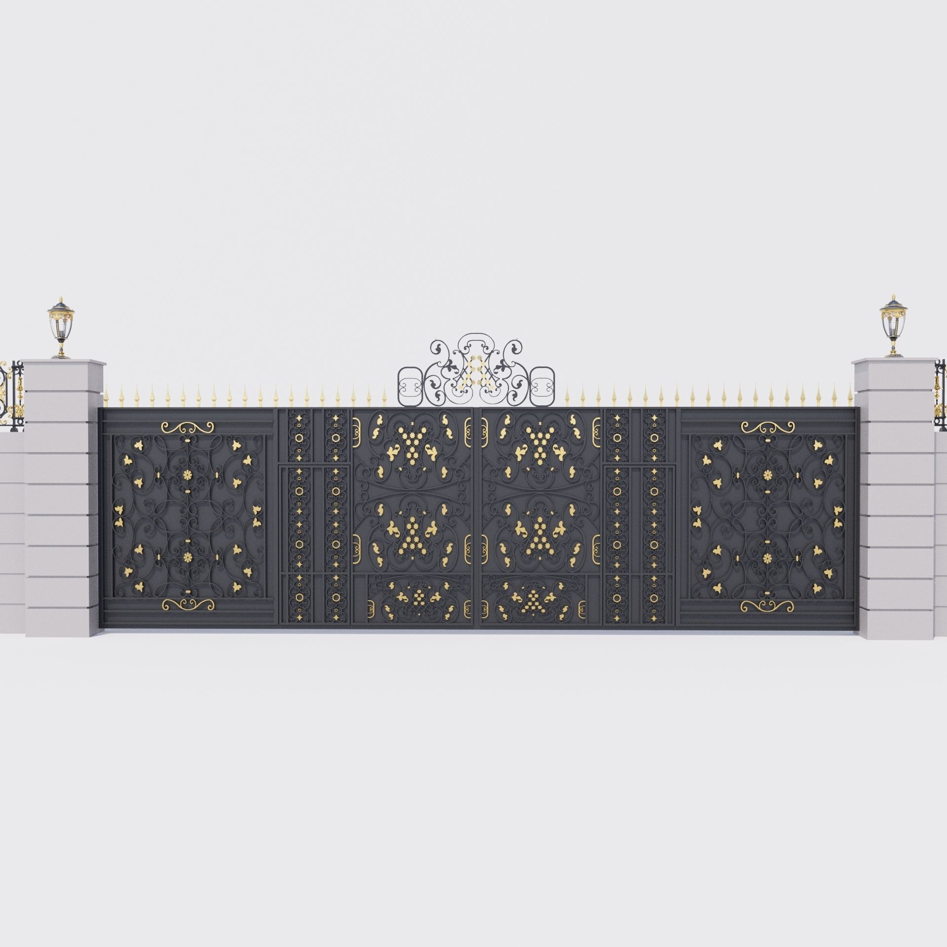 Classic Mansion Style Gate with fence and Wall lamps 3D model | CGTrader