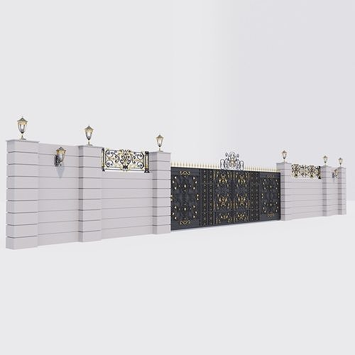 Classic Mansion Style Gate with fence and Wall lamps 3D model | CGTrader