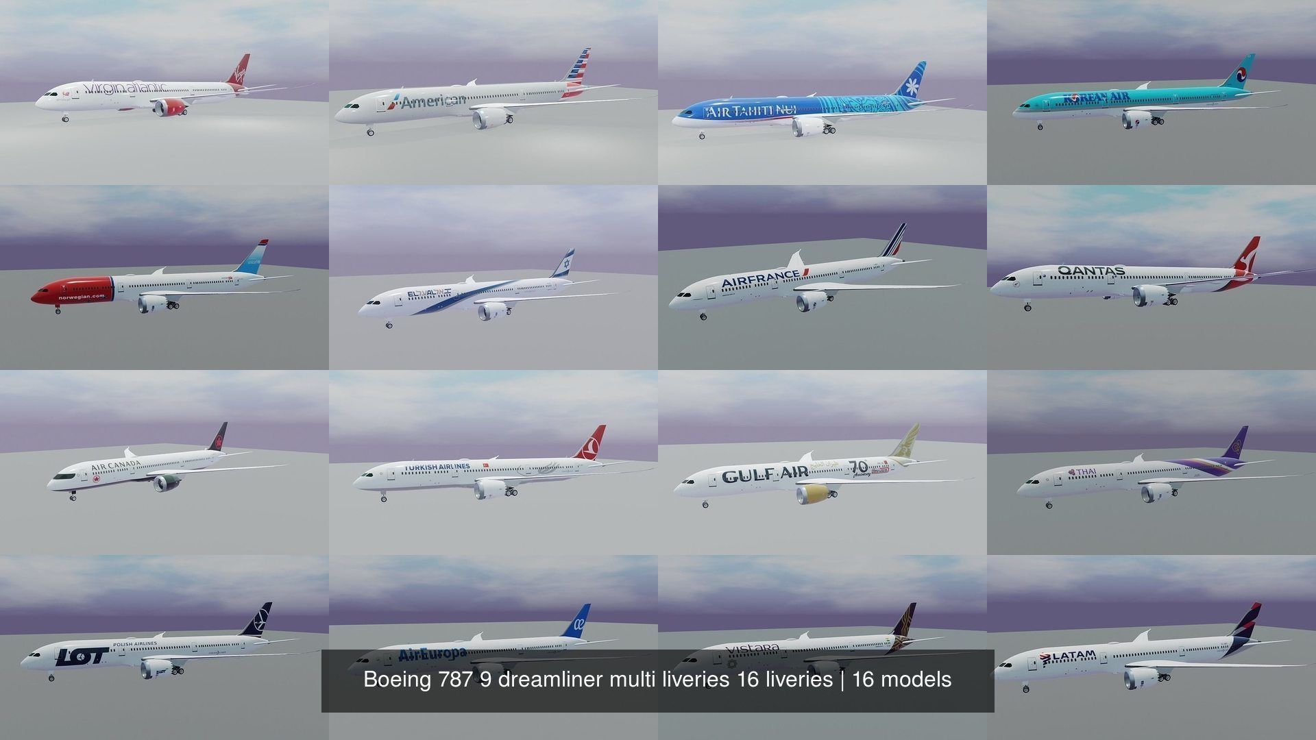 3D Model Collection Boeing 787 9 dreamliner multi liveries 16 liveries ...