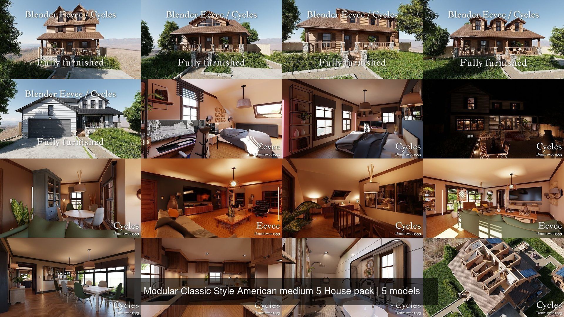 3D Model Collection Modular Classic Style American medium 5 House pack ...