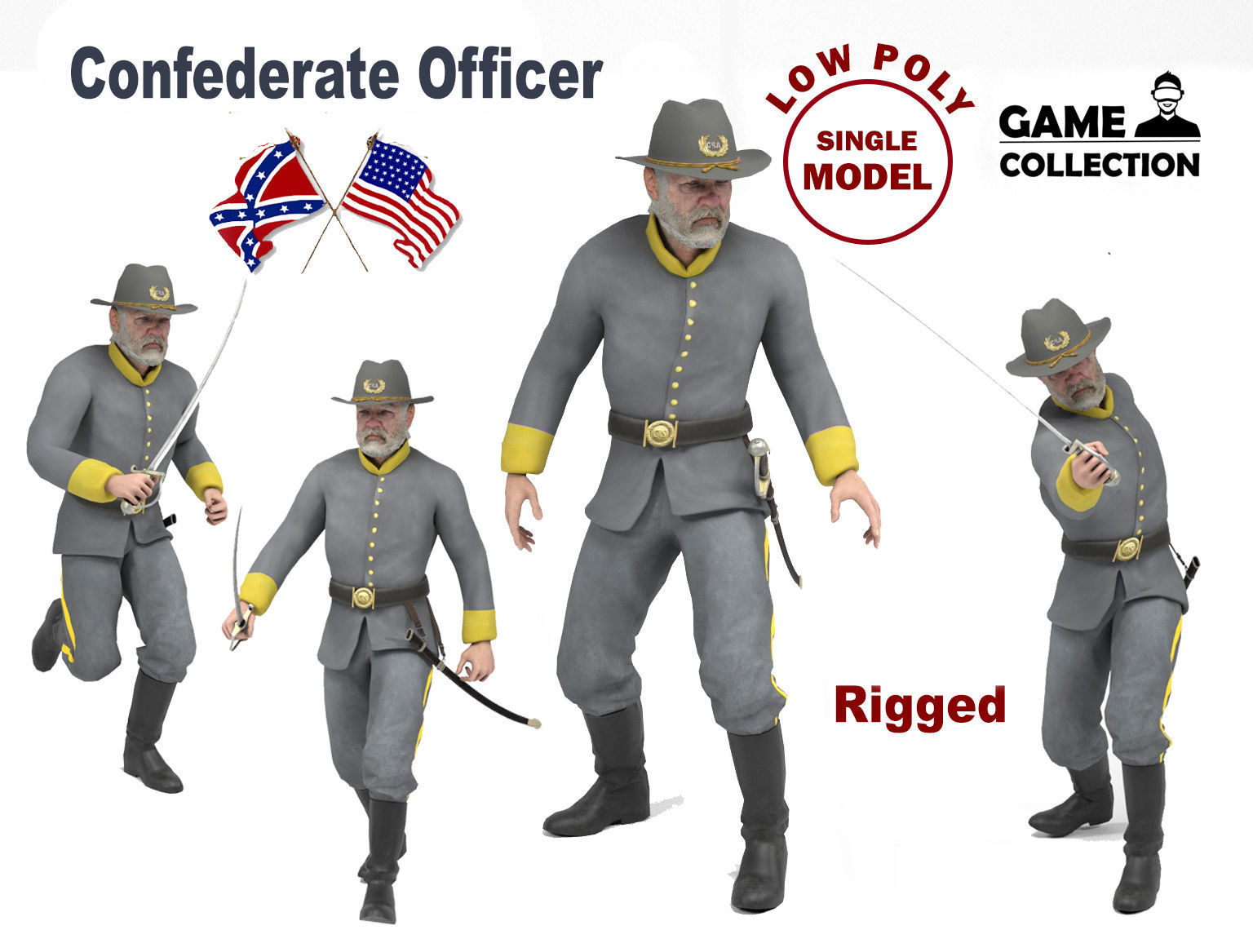 3D model Confederate Officer VR / AR / low-poly rigged animated | CGTrader