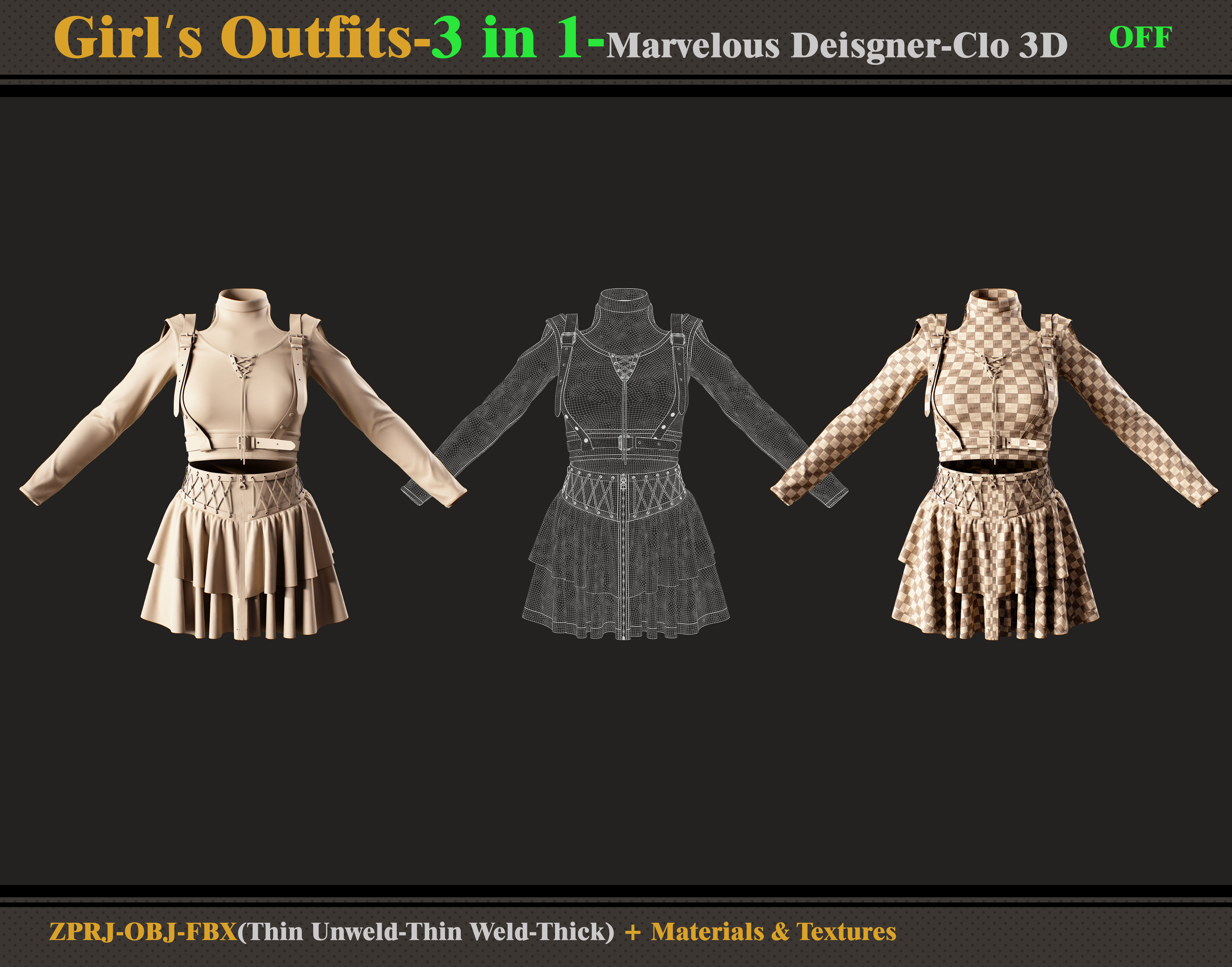 3 in 1 Girls Outfits-Models-Materials-Textures 3D model | CGTrader