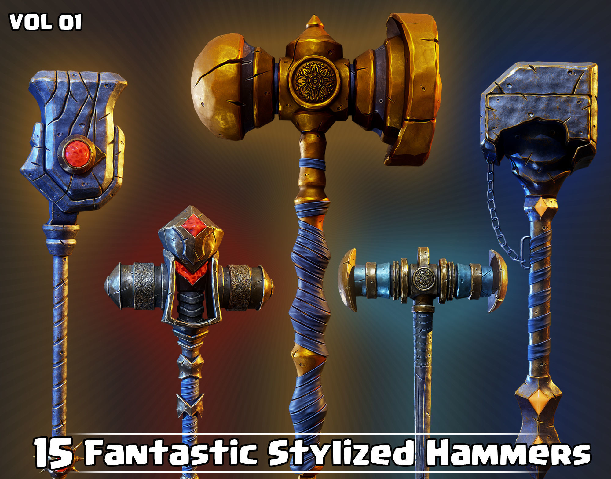 3D model 15 Fantastic Stylized Hammers Game Ready VOL01 VR / AR / low-poly | CGTrader