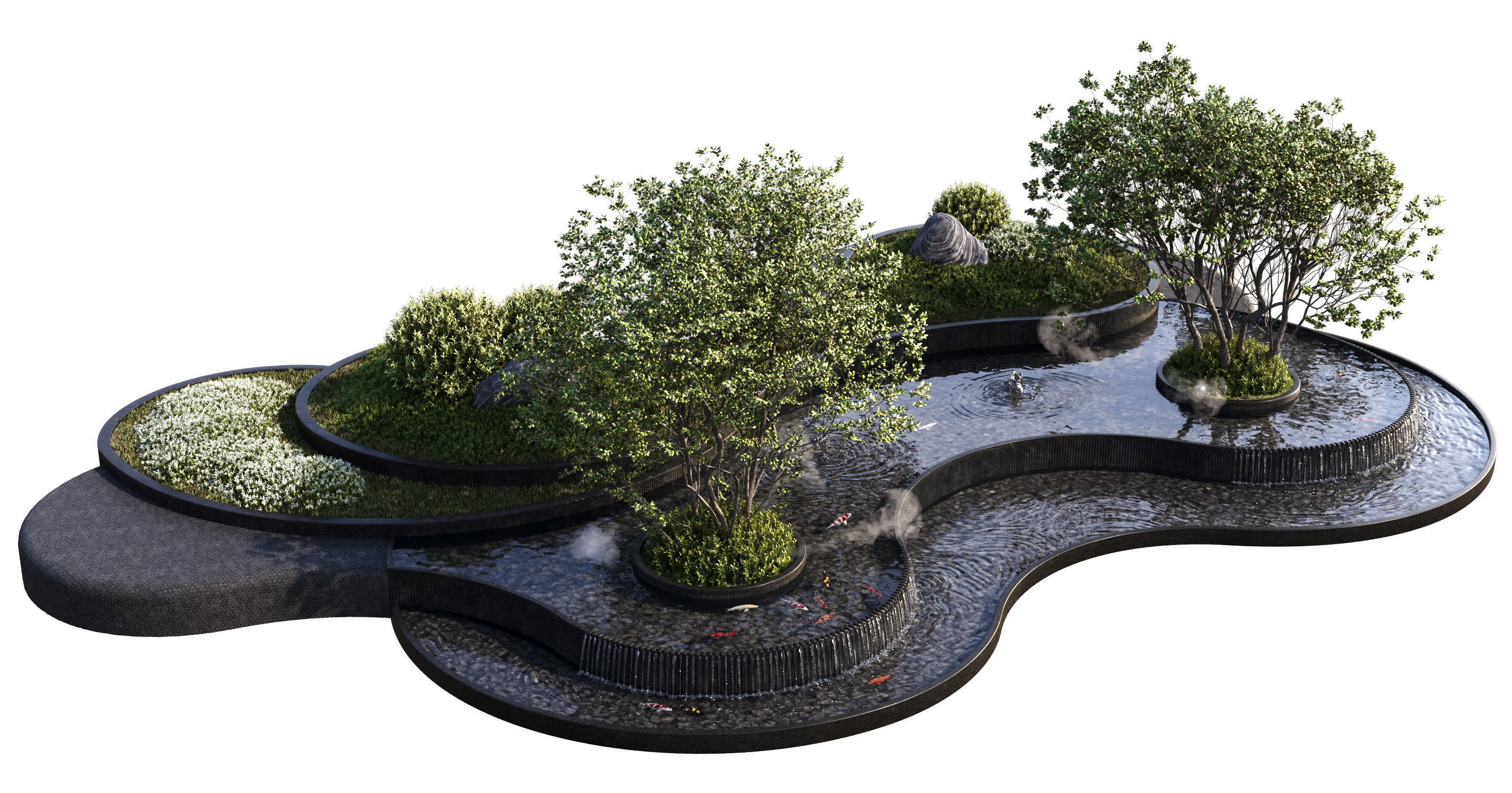 Landscaping Figure with Plants Waterfalls and Fish 3D model | CGTrader
