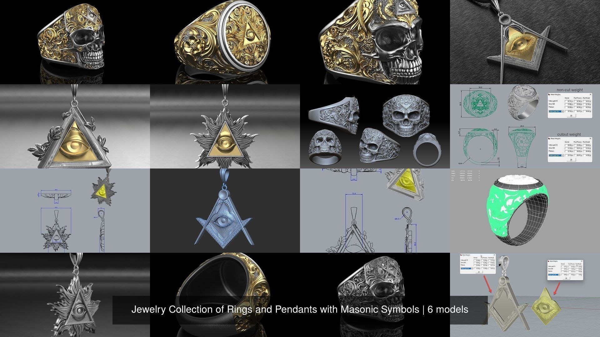 Jewelry Collection of Rings and Pendants with Masonic Symbols 3D ...
