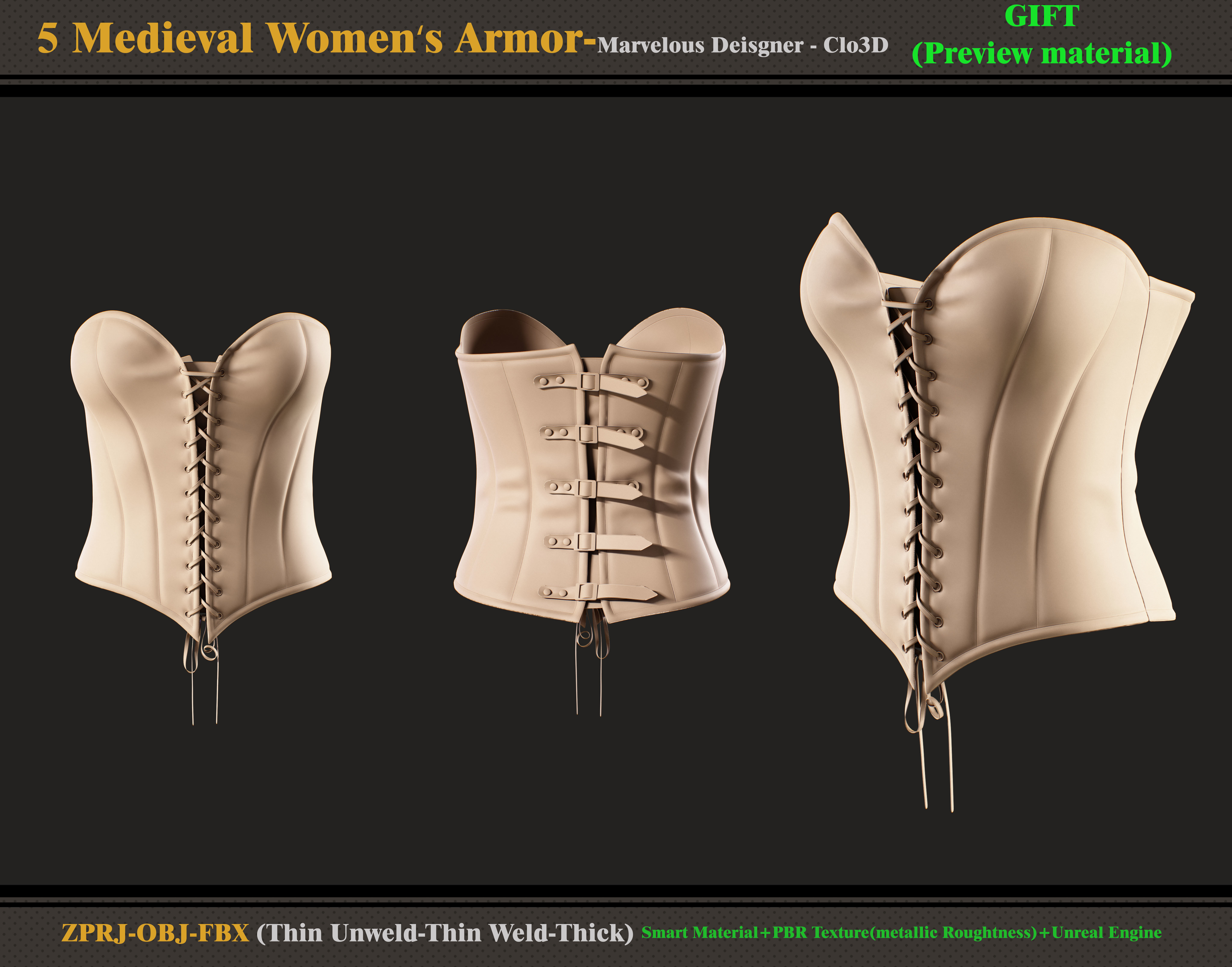 5 Medieval Women Armor-Marvelous Designer-FBX -OBJ-Materials 3D model ...