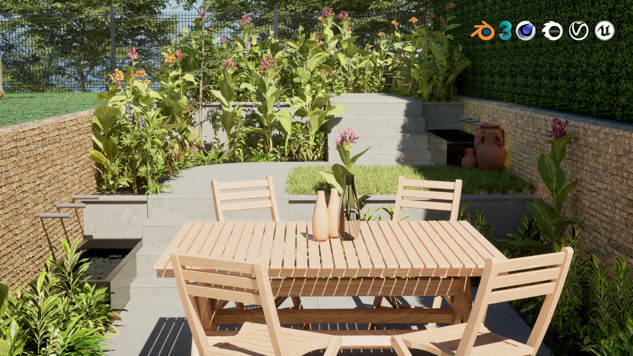 Terraced landscape garden 3D model animated | CGTrader
