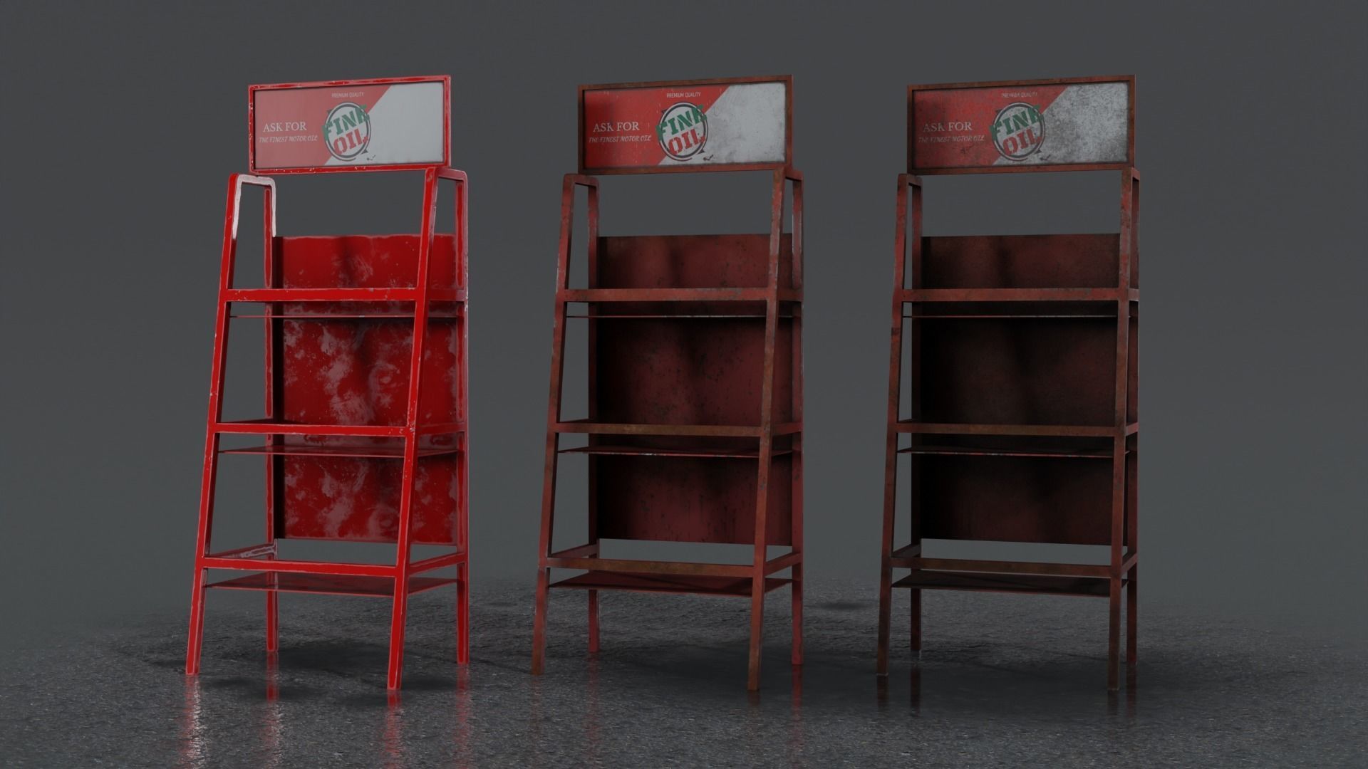 3D model Motor Oil Stand Shelf Rack only - 3 Variants New-Old-Aged VR ...