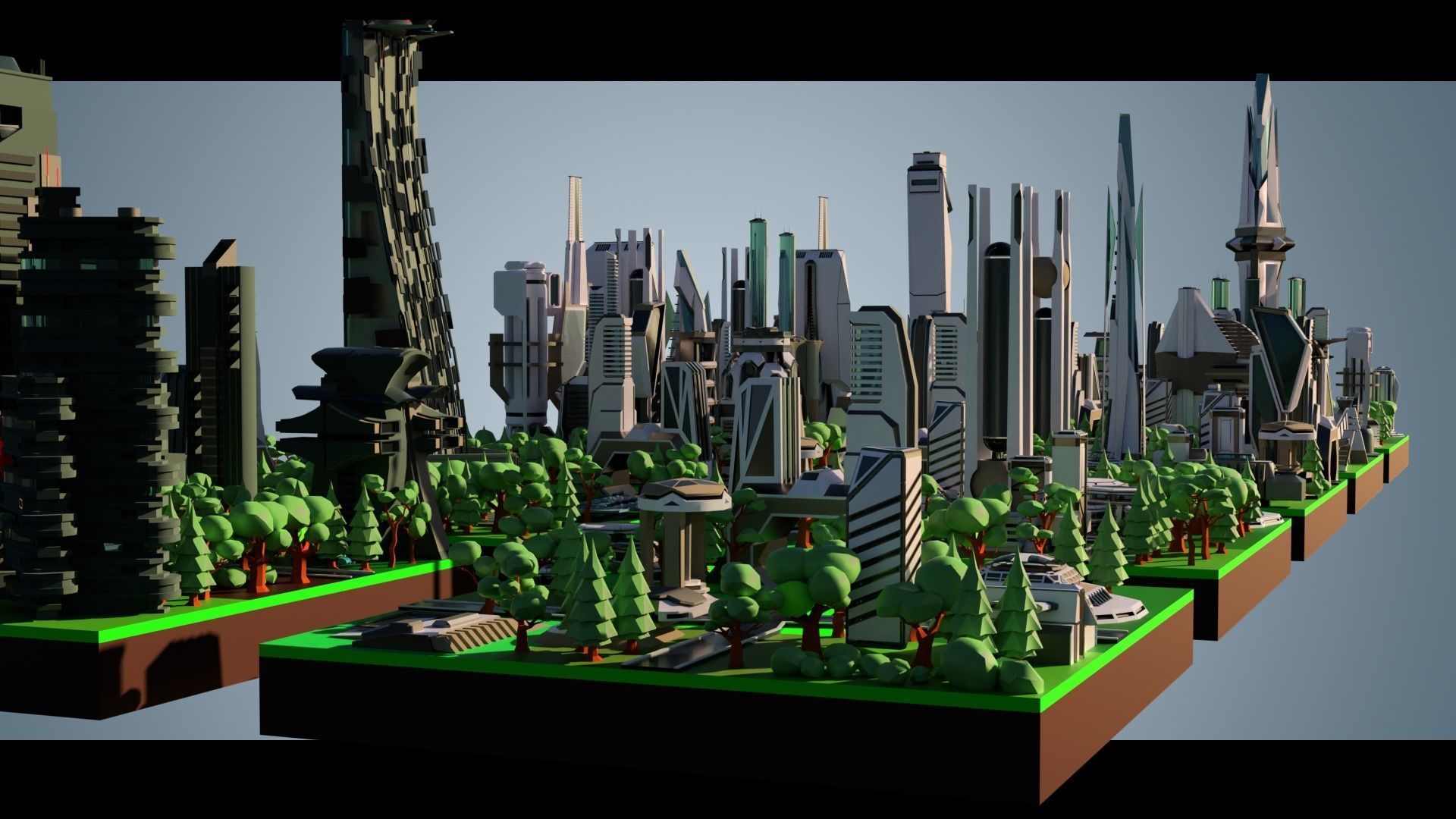 10 Stylized Futuristic City Block Areas plus flying cars 3D model ...