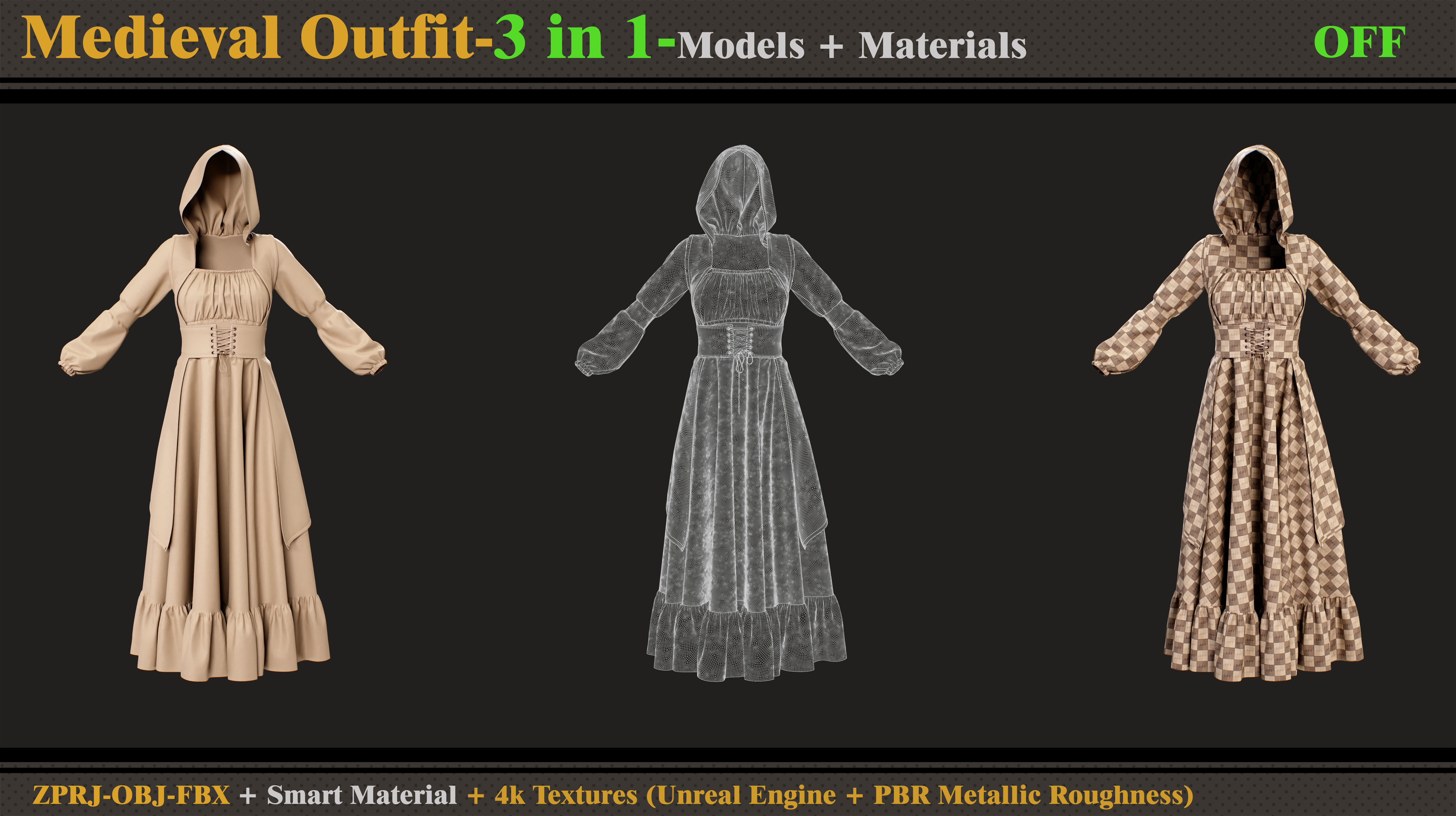 3 in 1 Gothic Dress- MD-Clo3d-OBJ FBX -Material - Textures 3D model ...