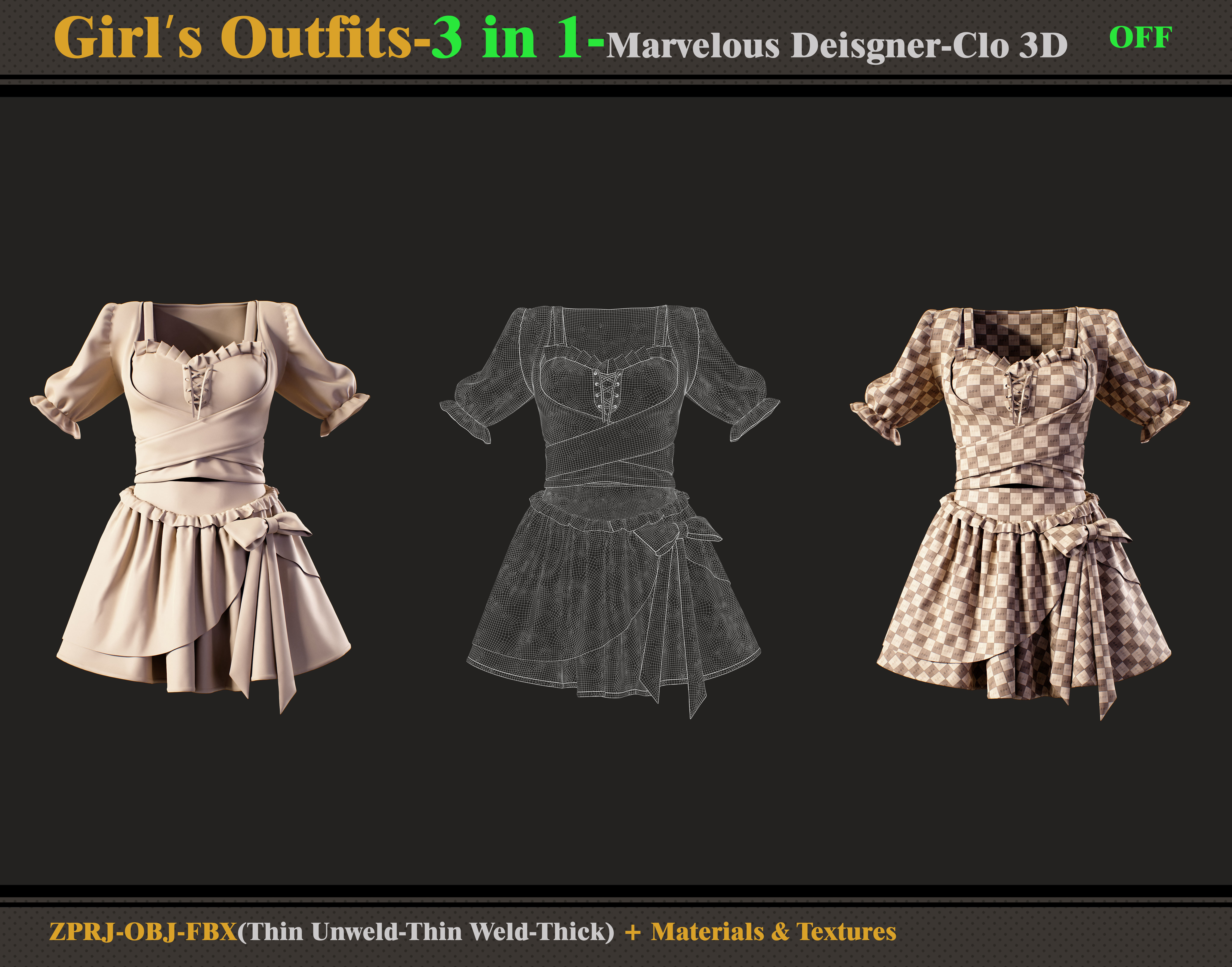 3 in 1 Girl Outfits- MD-Clo3d -OBJ - FBX -Materials-Textures 3D model ...