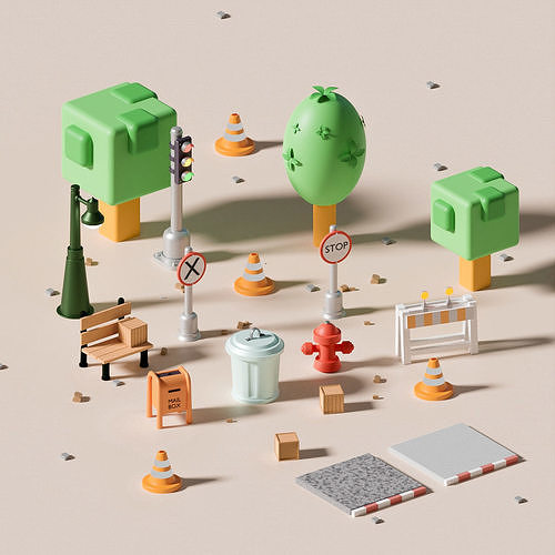 3D model Street Assets Pack 3D Model cute VR / AR / low-poly | CGTrader