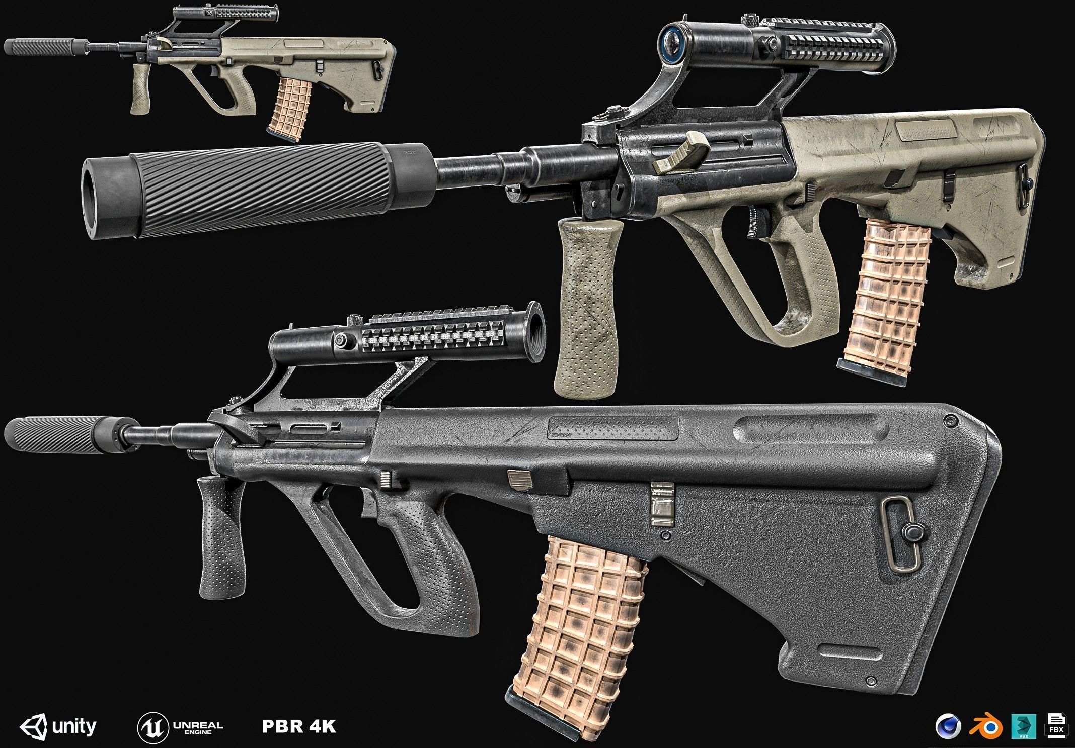 3D model Steyr Aug Assault Rifle with Silencer VR / AR / low-poly ...