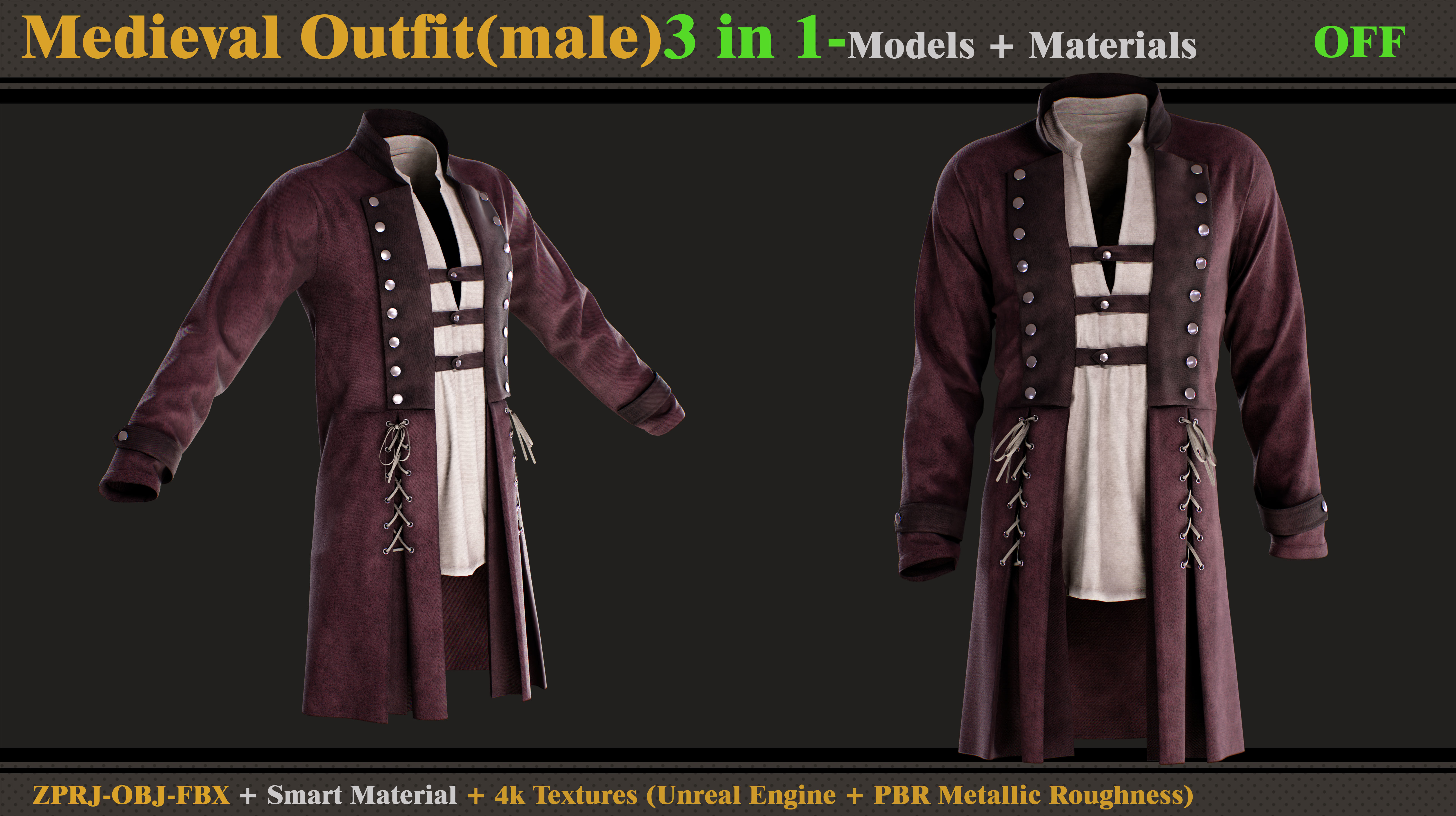 3 in 1 Medieval Outfit-MALE-MD-Clo3d-OBJ - FBX -Material 3D model ...