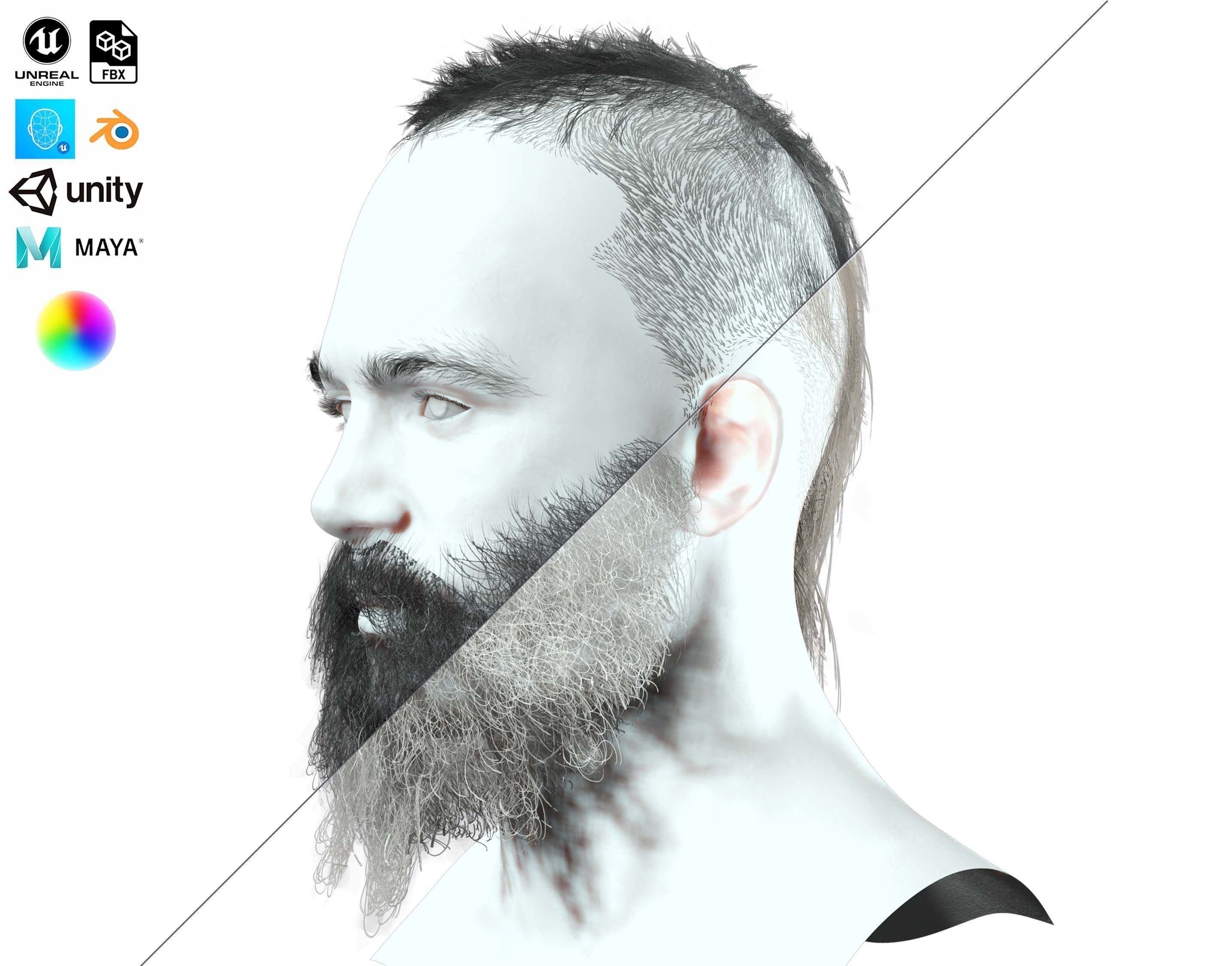 3D model Berber Male Hair - Messy long Beard Mustache VR / AR / low ...