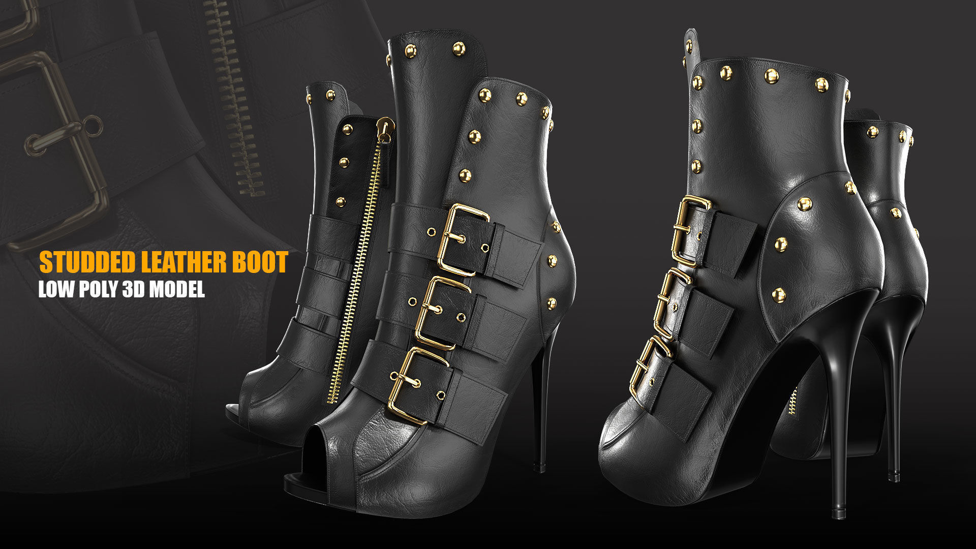 3D model Studded Leather Boot Low-poly 3D model PBR Textures VR / AR ...